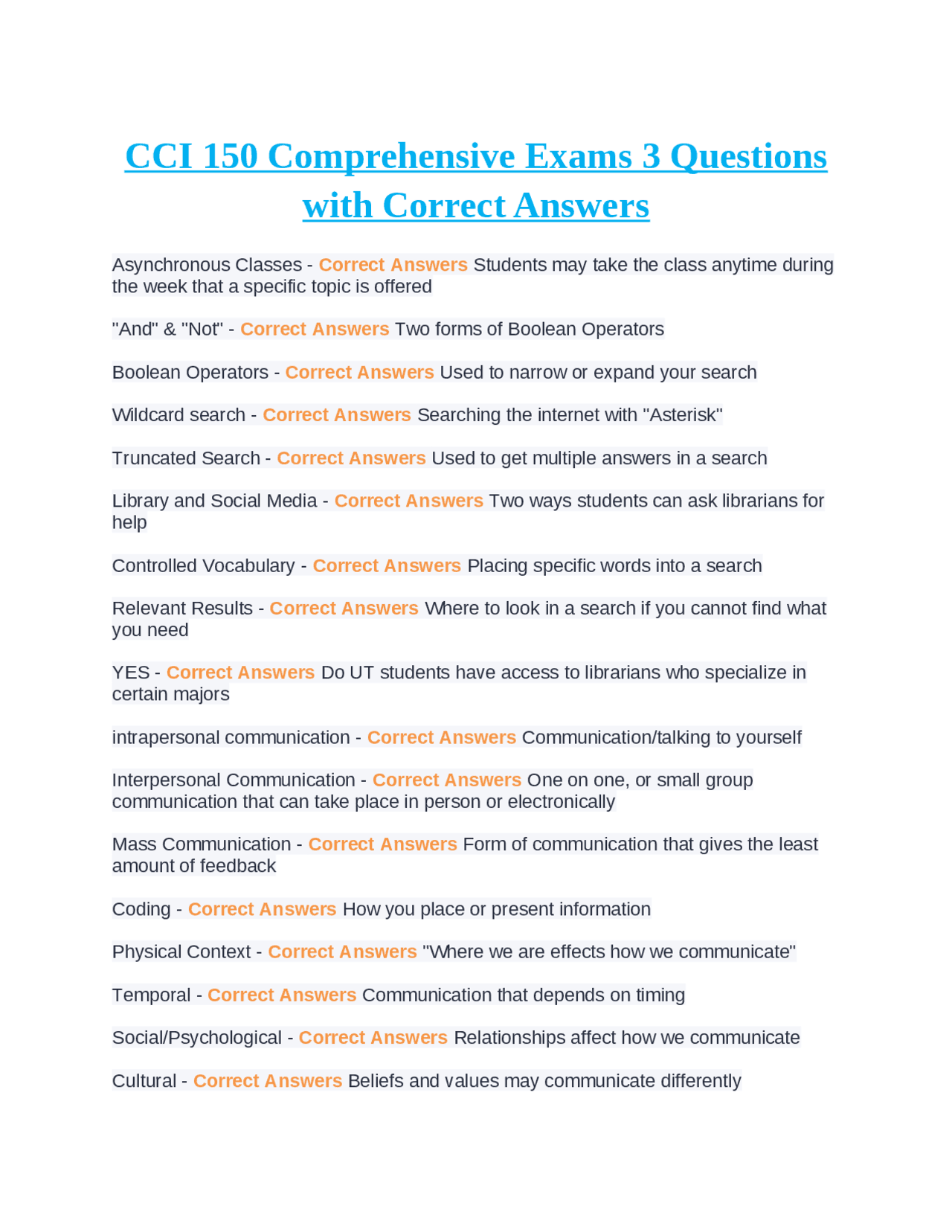 CCI 150 Comprehensive Exams 3 Questions with Correct Answers | Exams ...