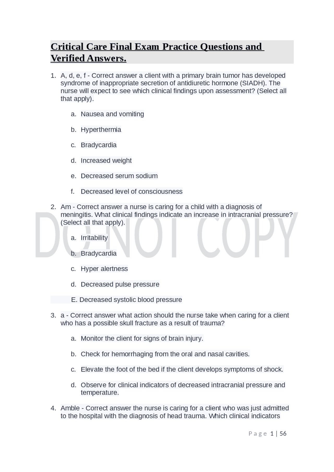 Critical Care Final Exam Practice Questions and Verified Answers. | Exams Laboratory Practices ...