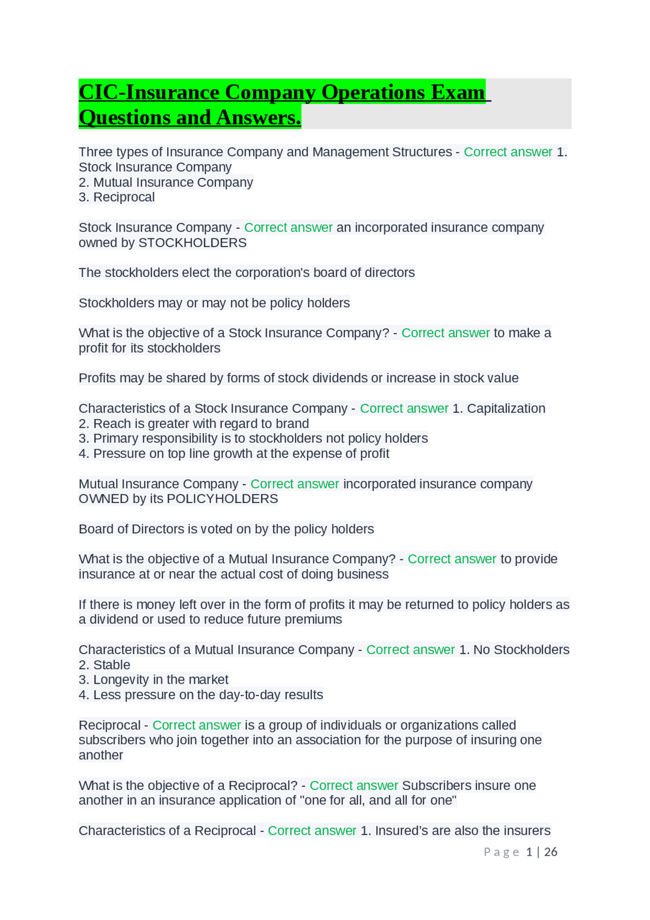 CIC-Insurance Company Operations Exam Questions and Answers. | Exams ...