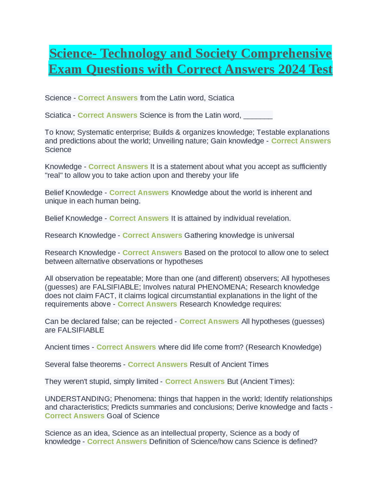 Science- Technology and Society Comprehensive Exam Questions with ...