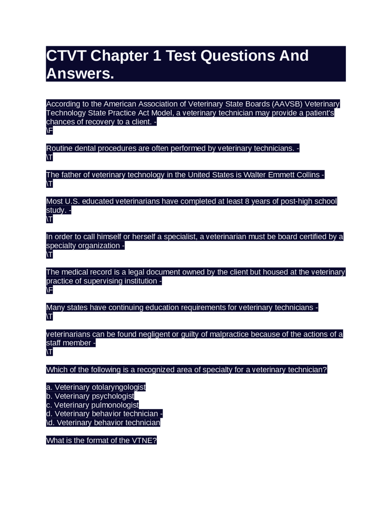 Chapter 1: Overview Of Veterinary Technology Questions And Answers ...