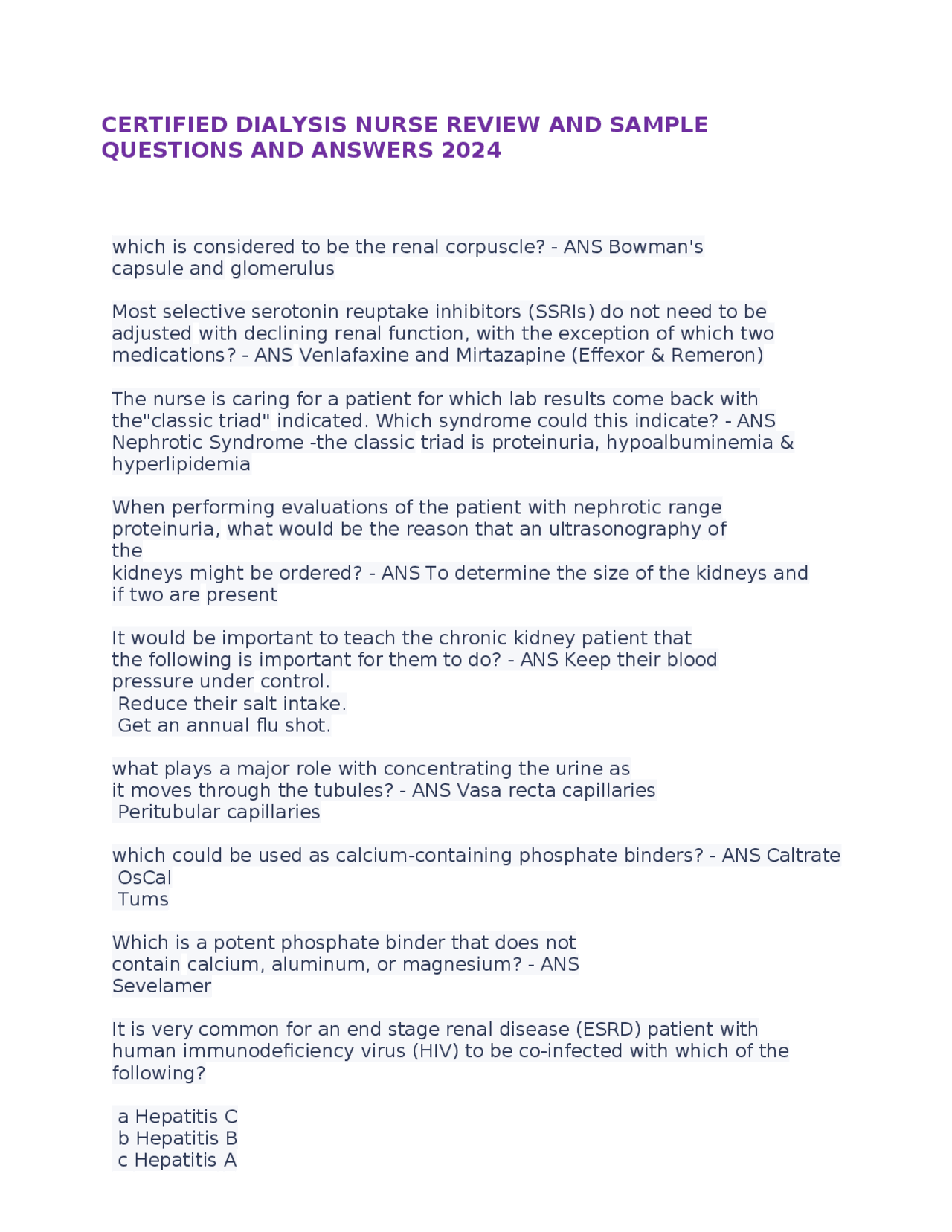 CERTIFIED DIALYSIS NURSE REVIEW AND SAMPLE QUESTIONS AND ANSWERS 2024 ...