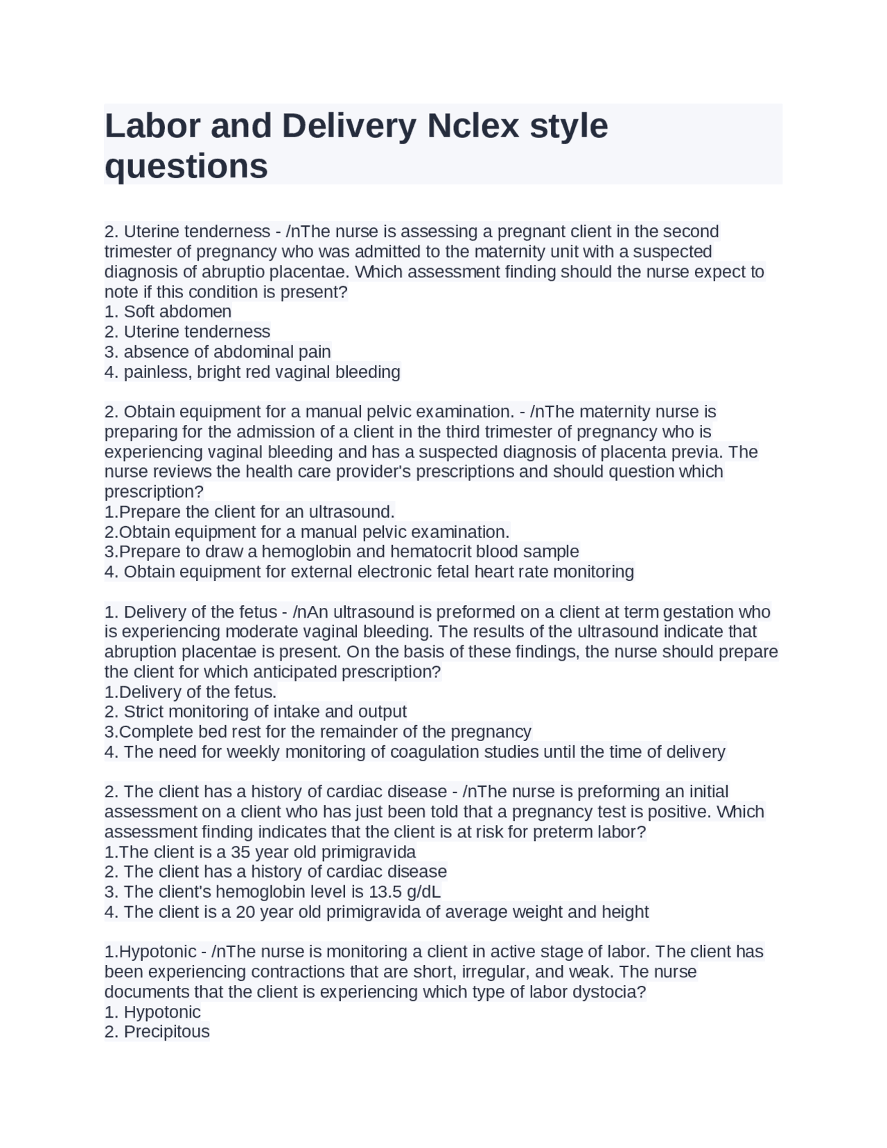 Labor and Delivery Nclex style questions | Exams Nursing | Docsity