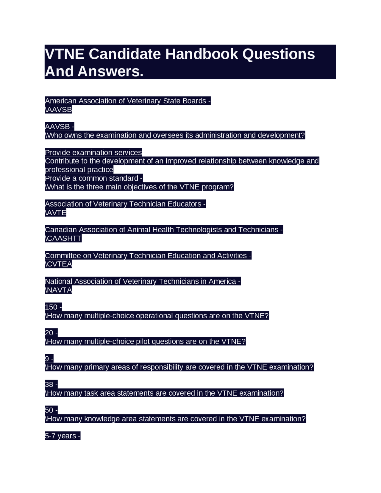 VTNE Candidate Handbook Questions And Answers. | Exams Medicine | Docsity
