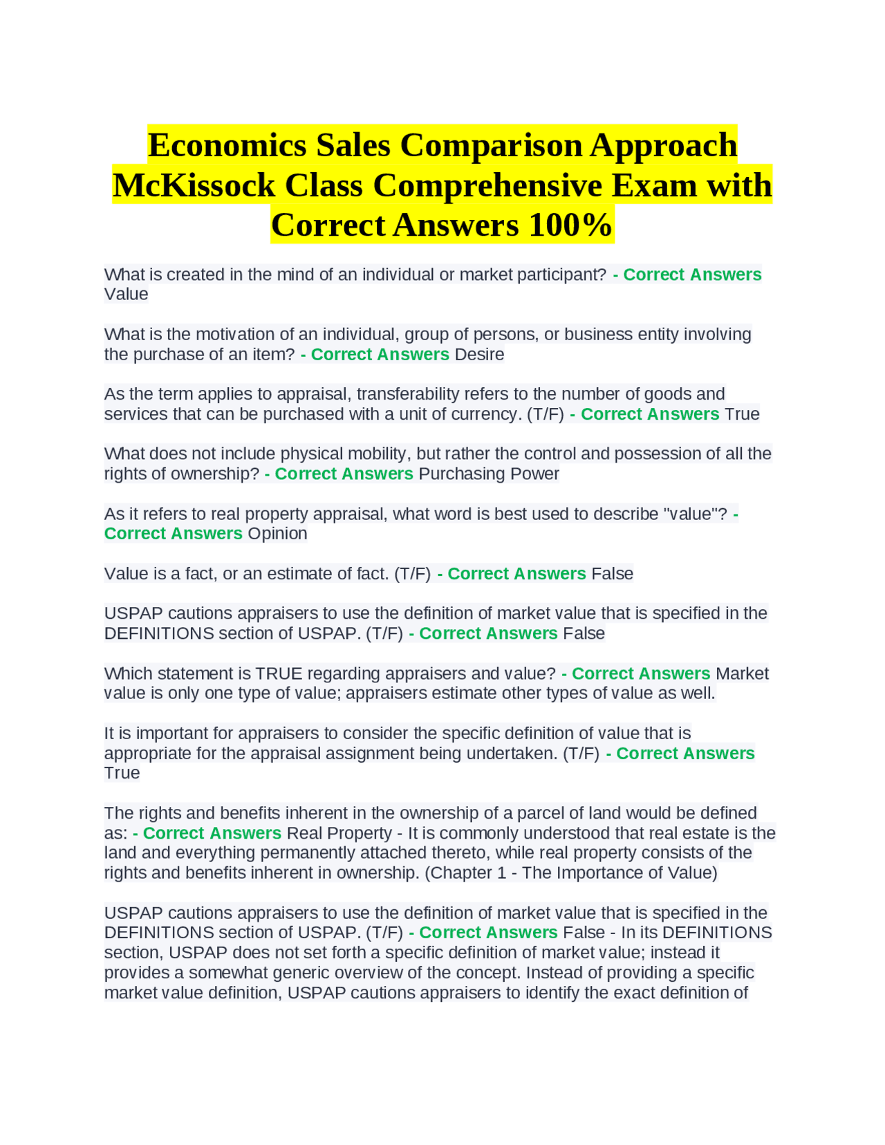 Economics Sales Comparison Approach McKissock Class Comprehensive Exam ...