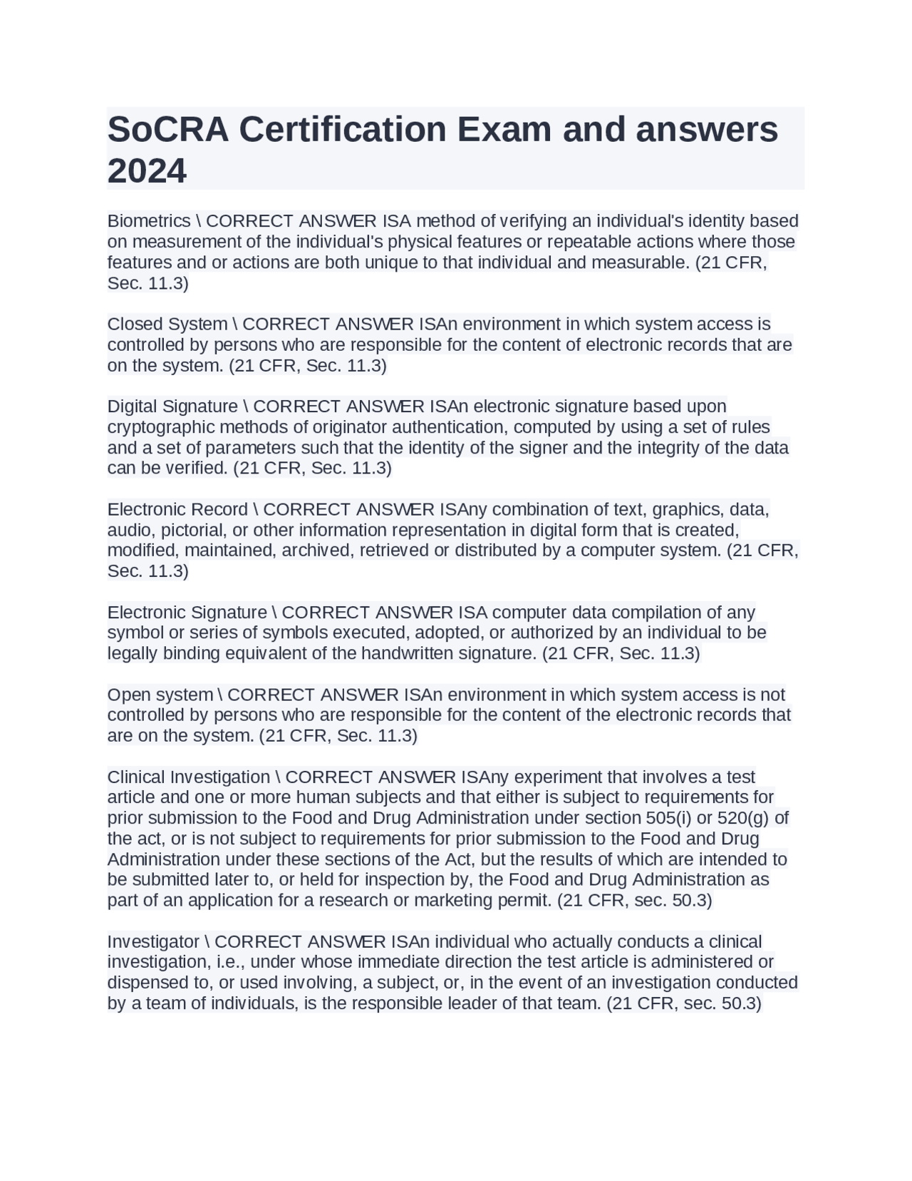 SoCRA Certification Exam and answers 2024 | Exams Nursing | Docsity