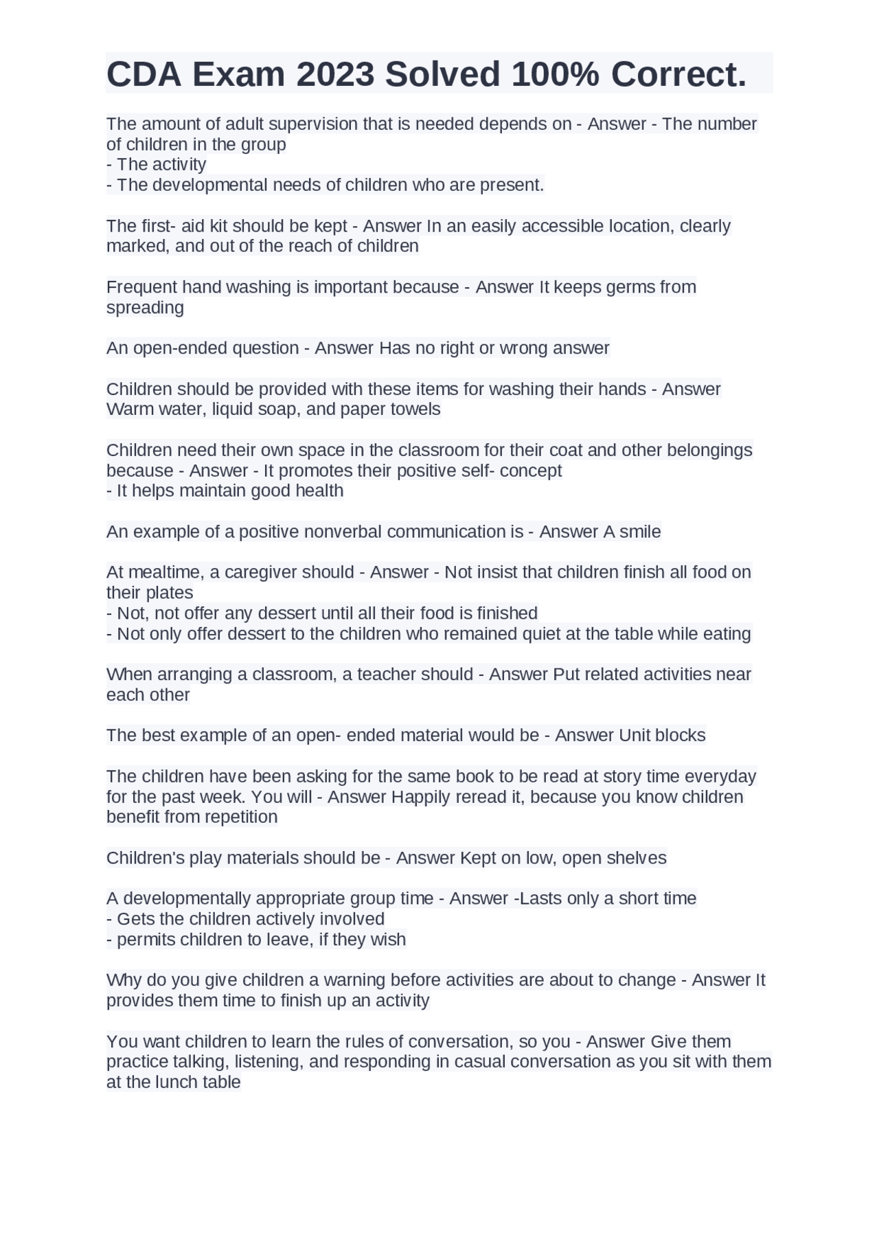 CDA Exam 2023 Solved 100% Correct.. | Exams Nursing | Docsity