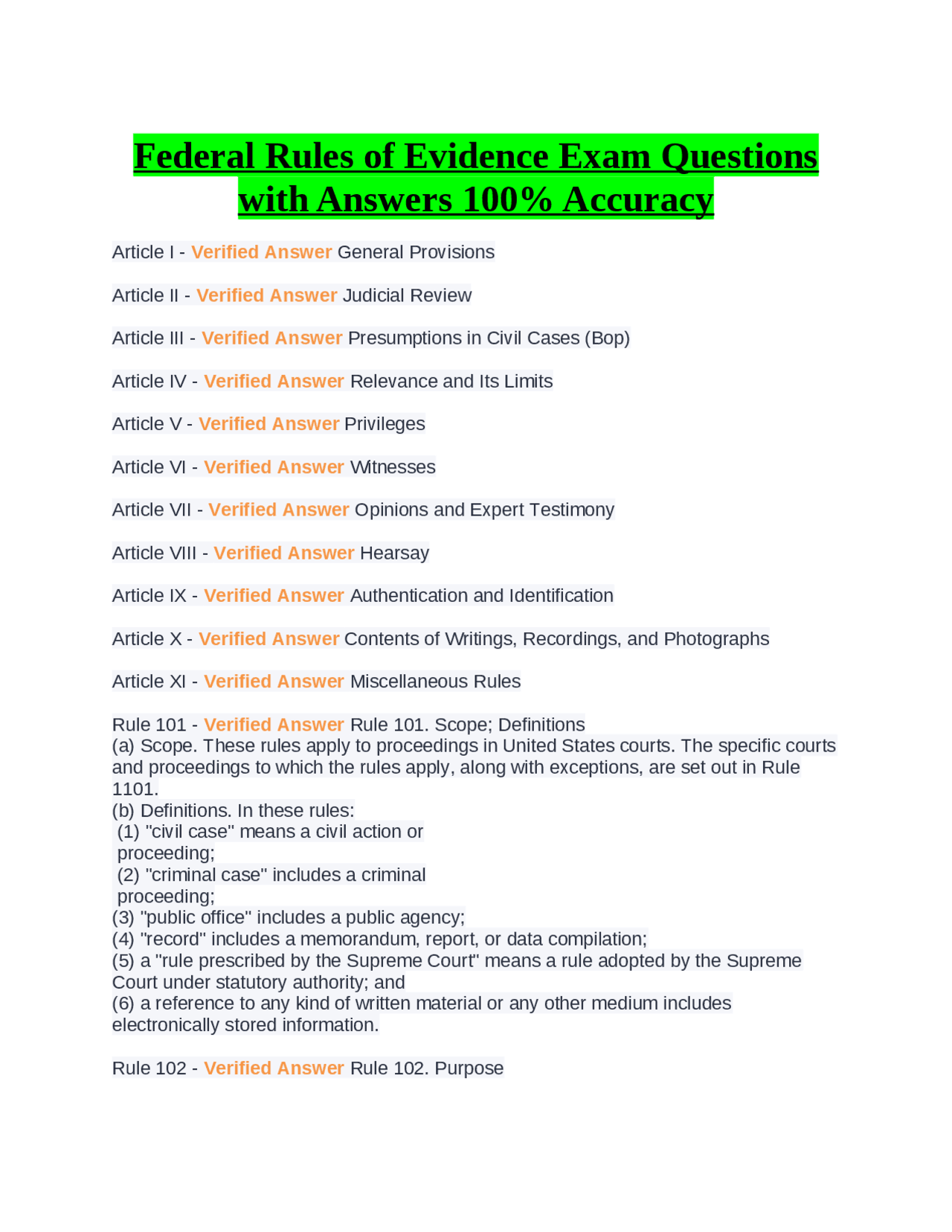 Federal Rules of Evidence Exam Questions with Answers 100% Accuracy ...