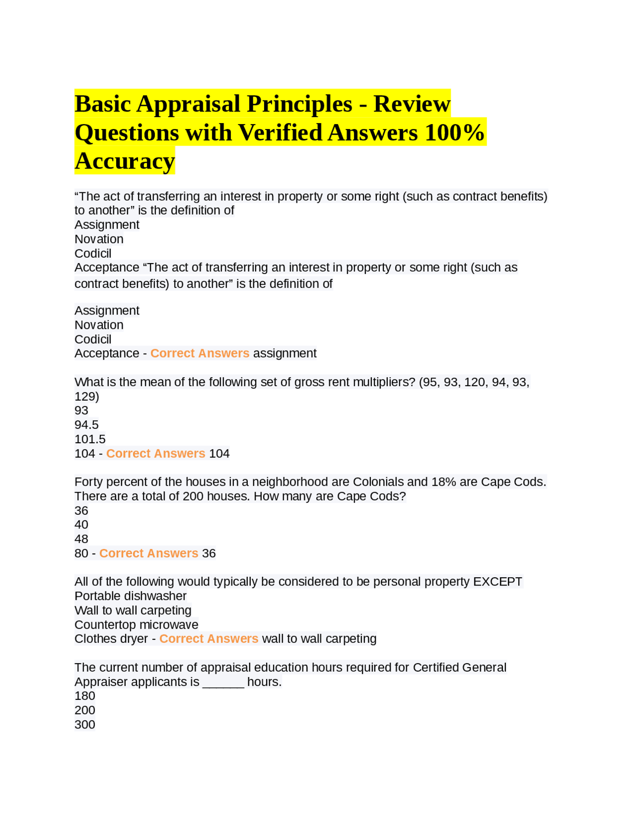 Basic Appraisal Principles - Review Questions with Verified Answers 100 ...