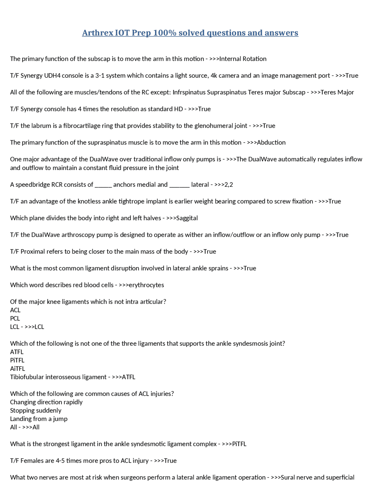 Arthrex IOT Prep 100% solved questions and answers | Exams Sport ...