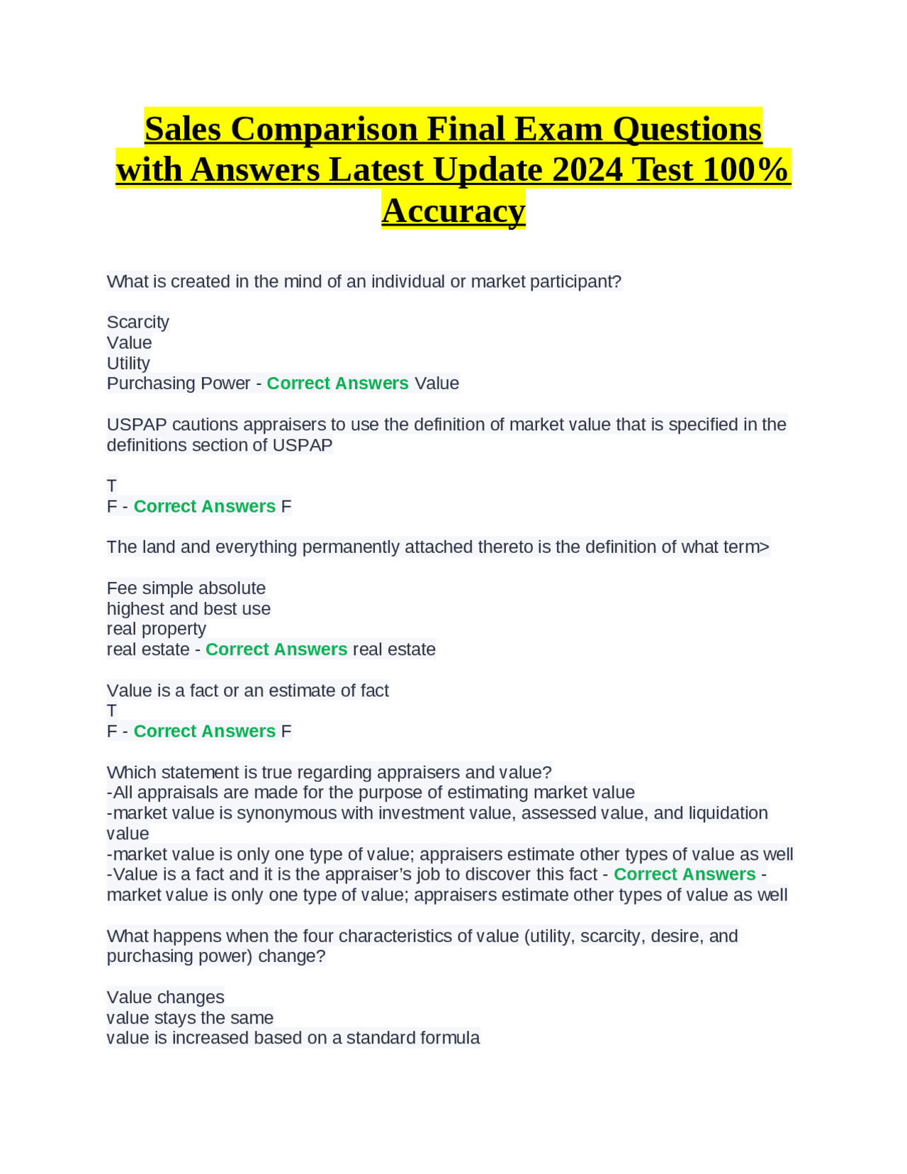 Sales Comparison Final Exam Questions with Answers Latest Update 2024 ...