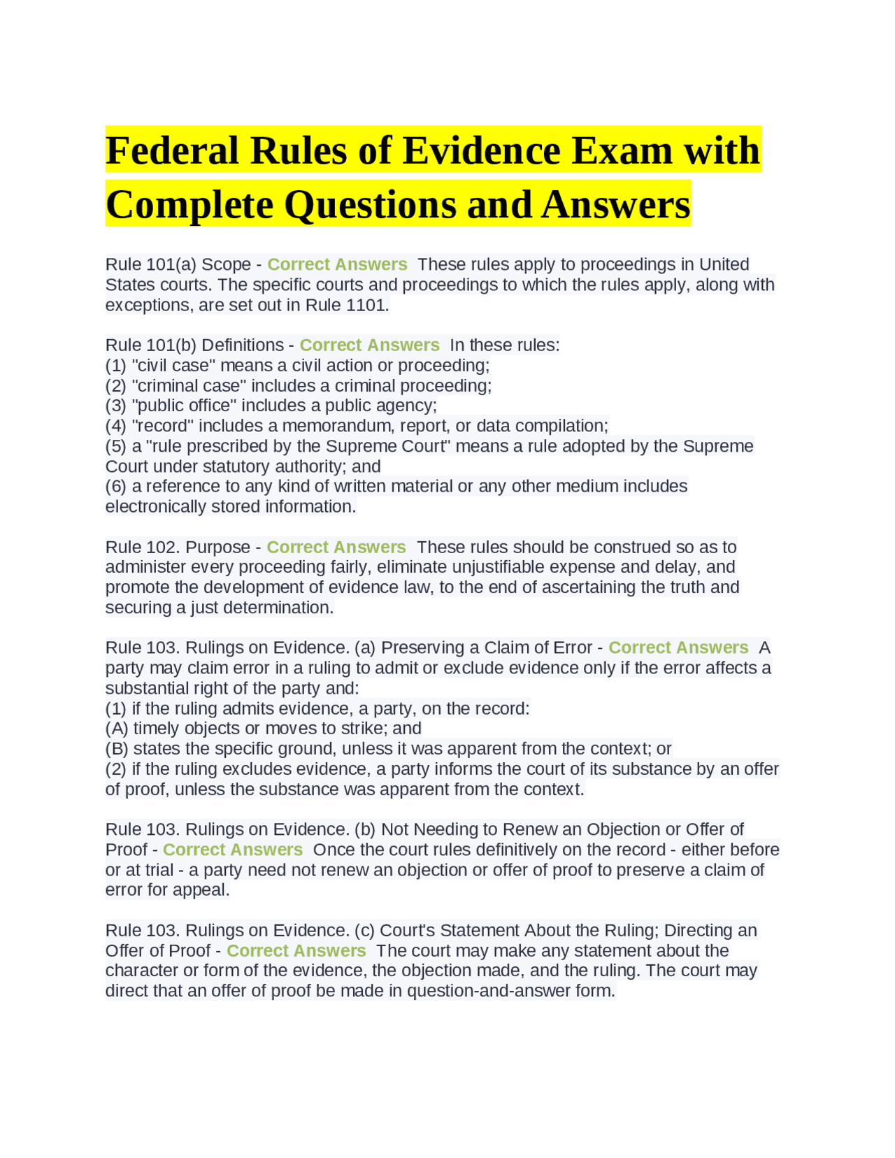 Federal Rules of Evidence: Comprehensive Guide with Questions and ...