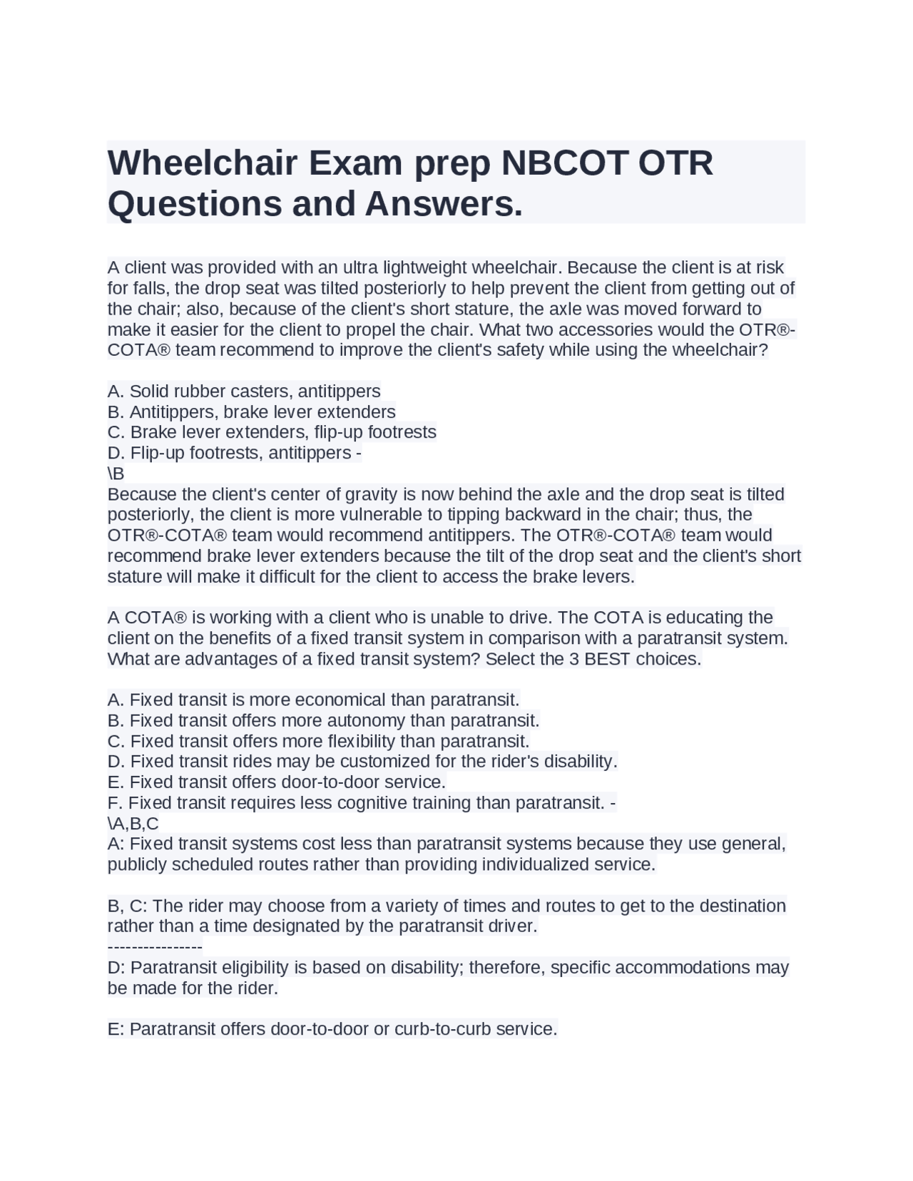 Wheelchair Exam prep NBCOT OTR Questions and Answers. | Exams Medicine ...