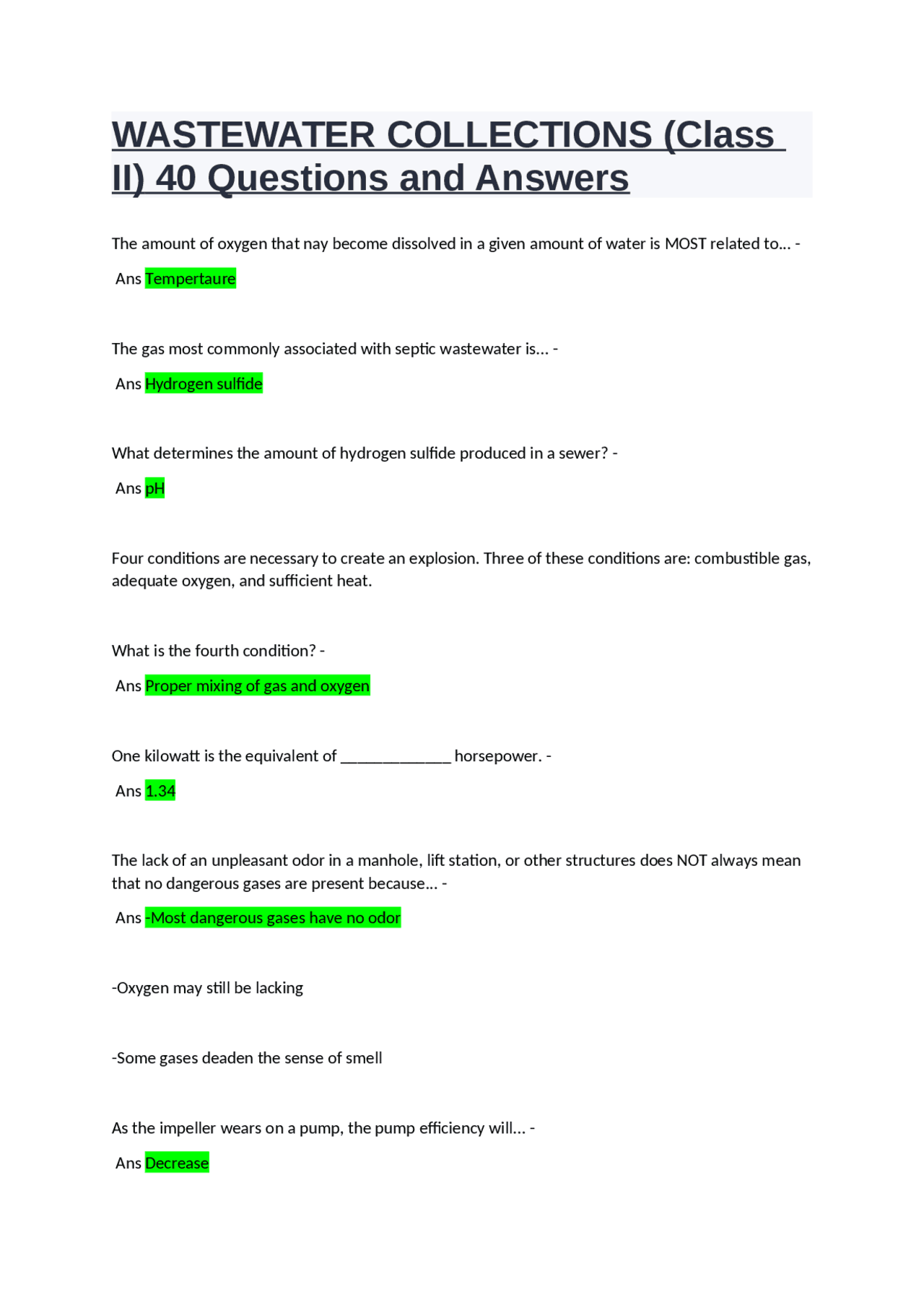 WASTEWATER COLLECTIONS (Class II) 40 Questions and Answers | Exams ...