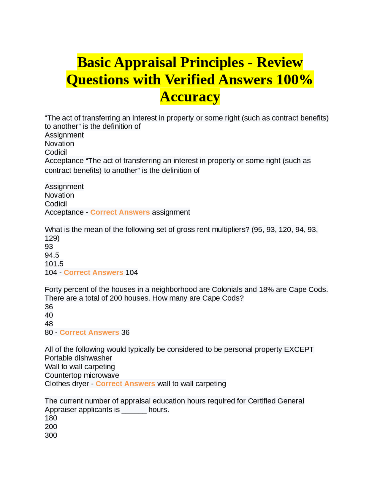 Basic Appraisal Principles - Review Questions with Verified Answers 100 ...