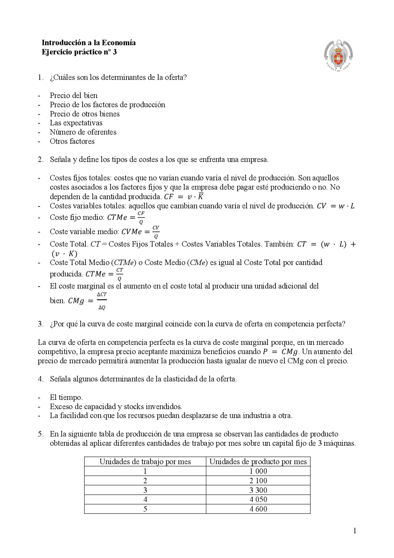Practicas 14, 3 y 5 de economia | Ejercicios de Economía | Docsity