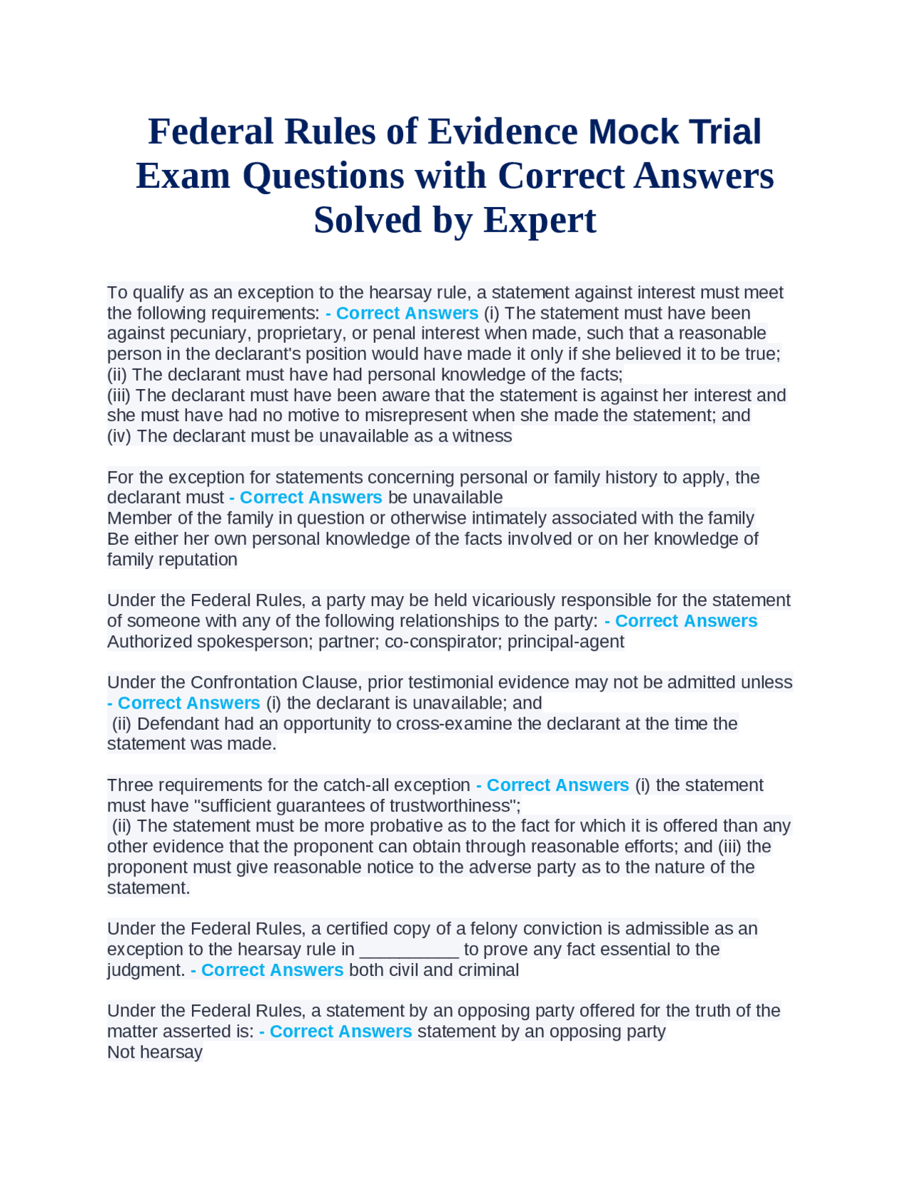 Federal Rules of Evidence Mock Trial Exam Questions with Correct ...