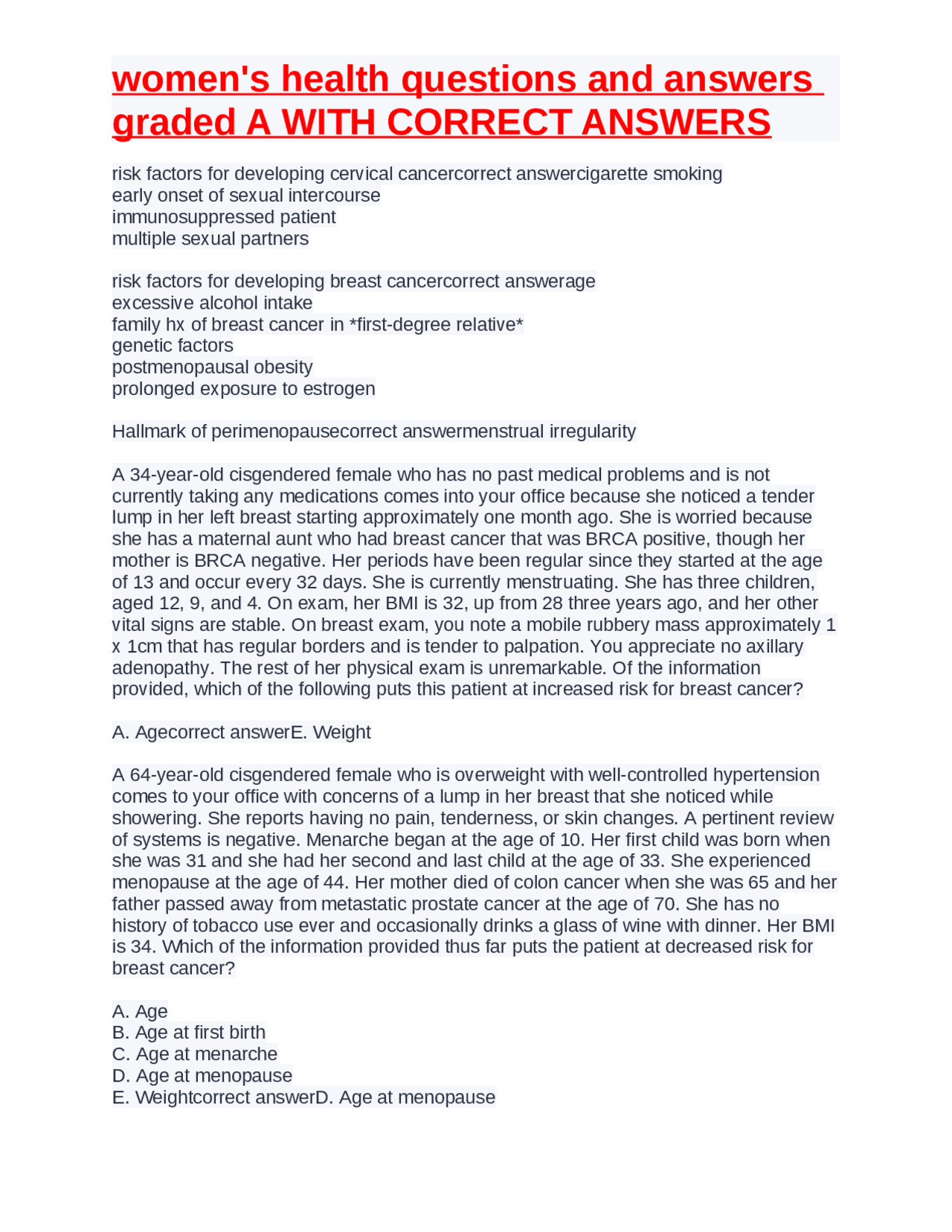 women's health questions and answers graded A WITH CORRECT ANSWERS ...