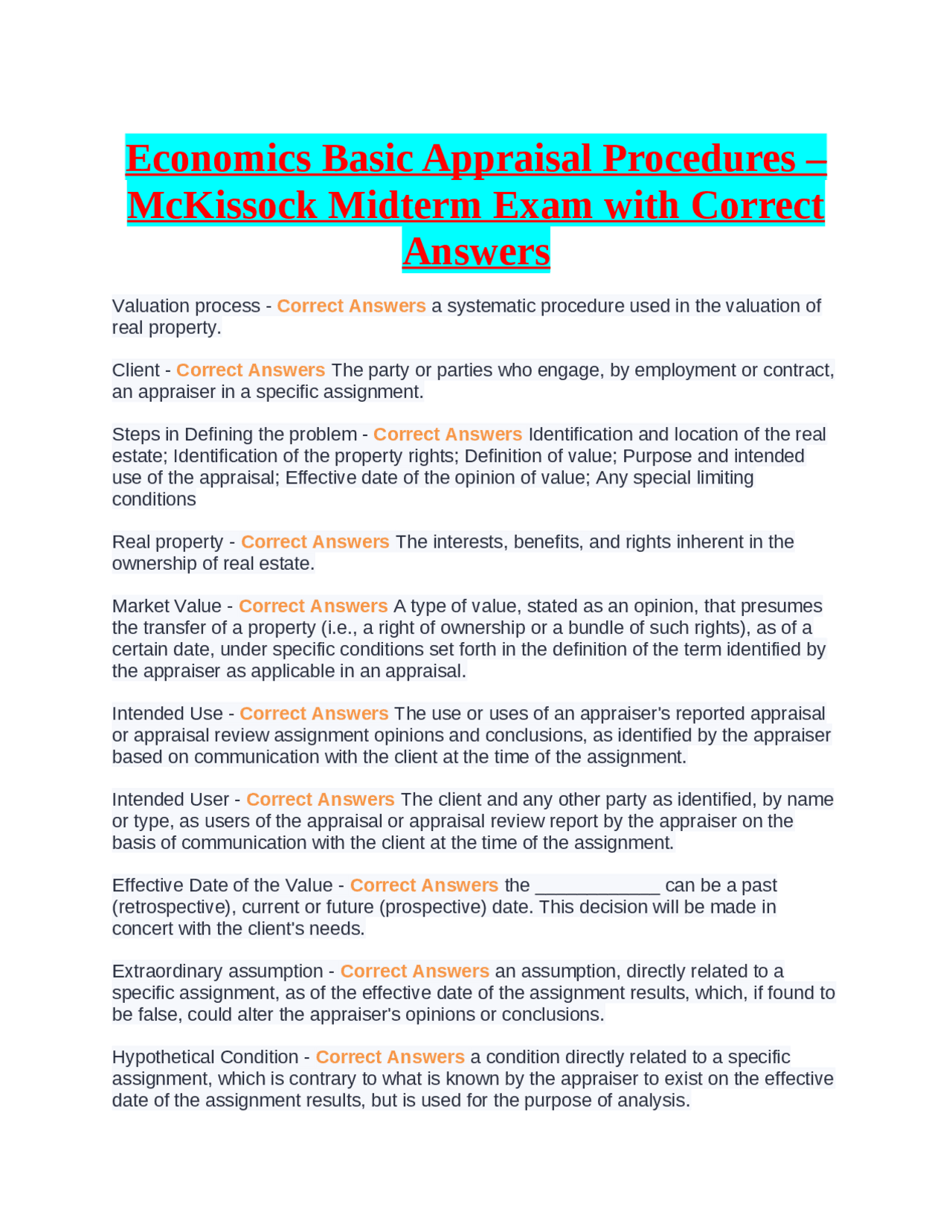 Economics Basic Appraisal Procedures: McKissock Midterm Exam with ...