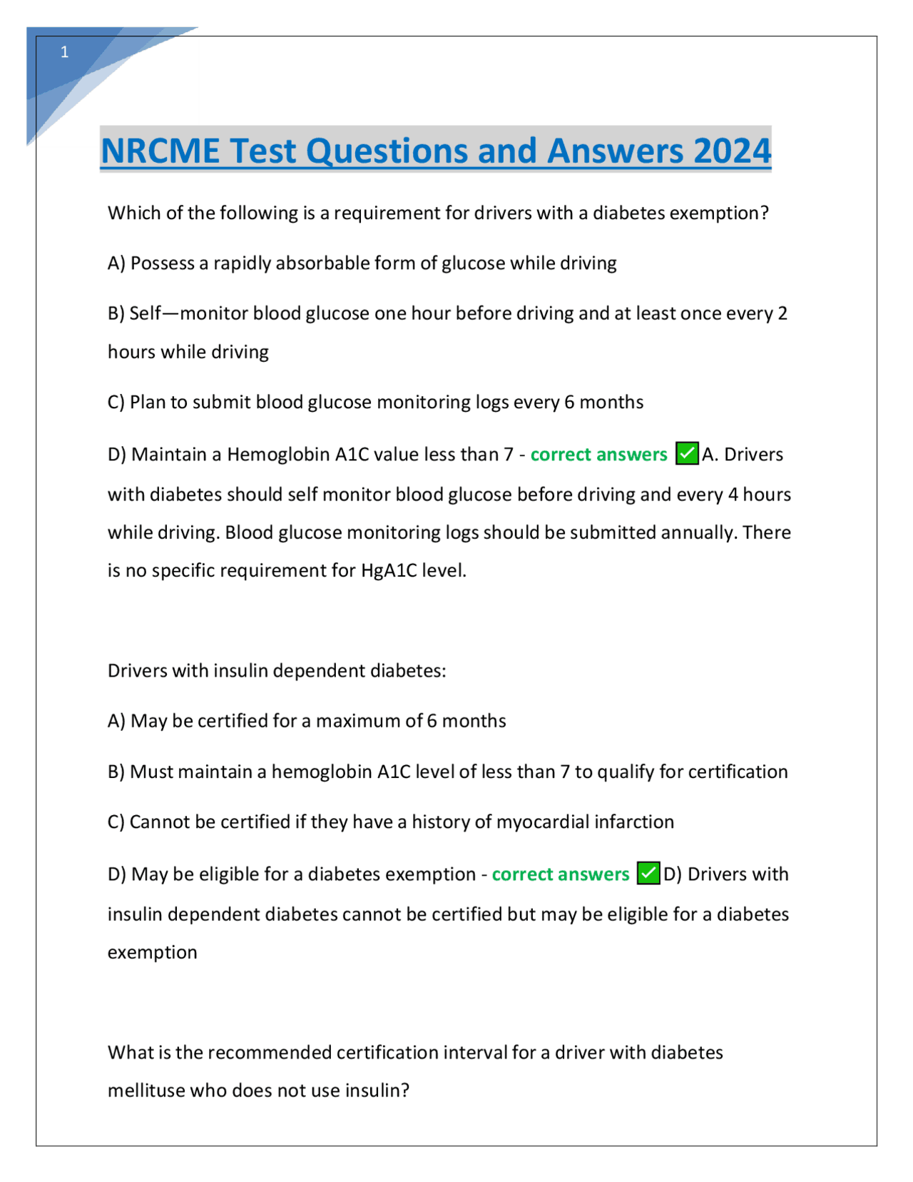 NRCME Test Questions and Answers 2024 | Exams Nursing | Docsity