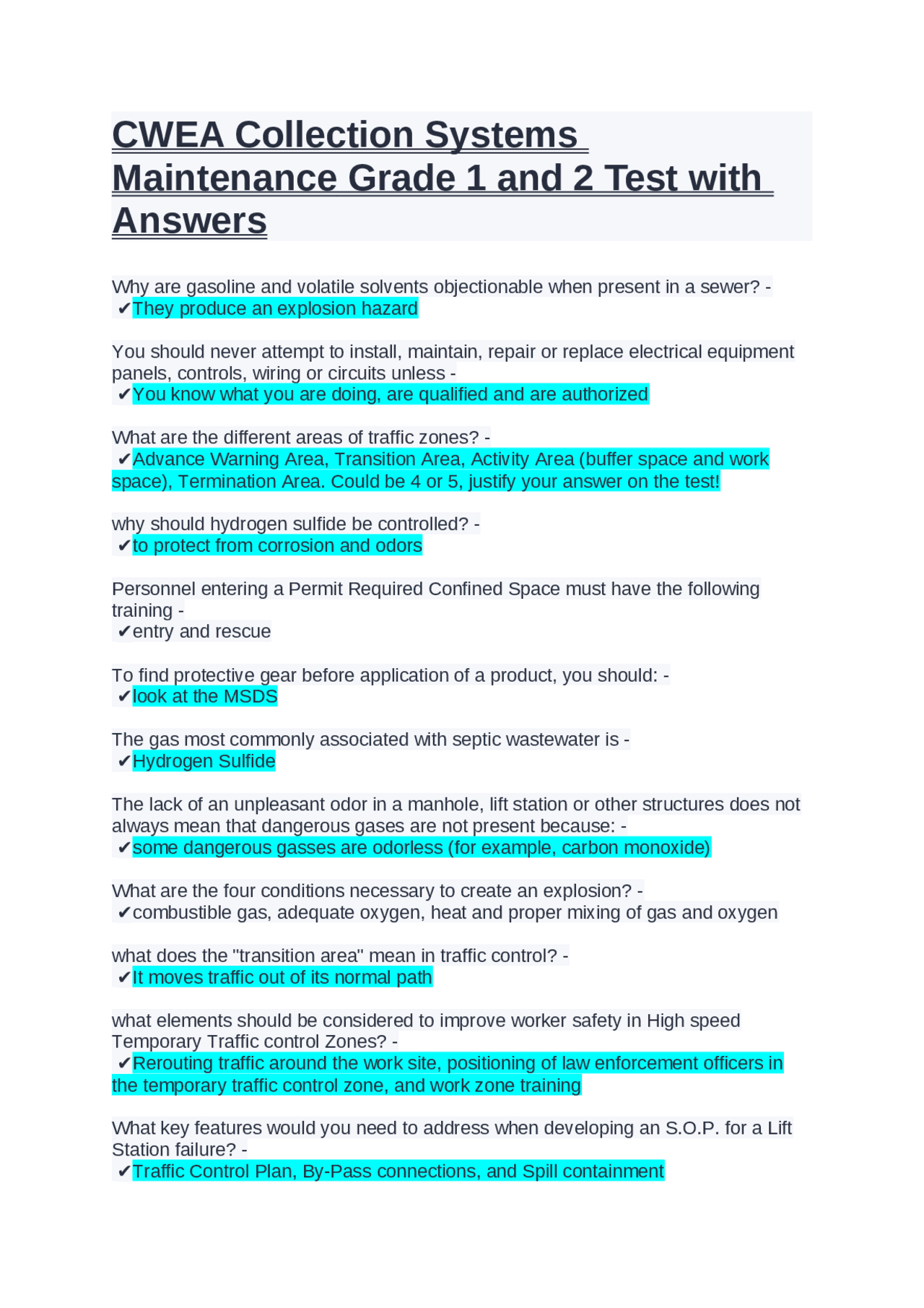 Cwea Collection Systems Maintenance Grade 1 And 2 Test With Answers Exams Environmental