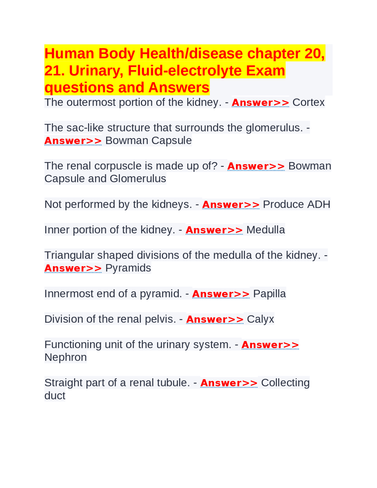 Human Body Health/disease chapter 20, 21. Urinary, Fluid-electrolyte ...