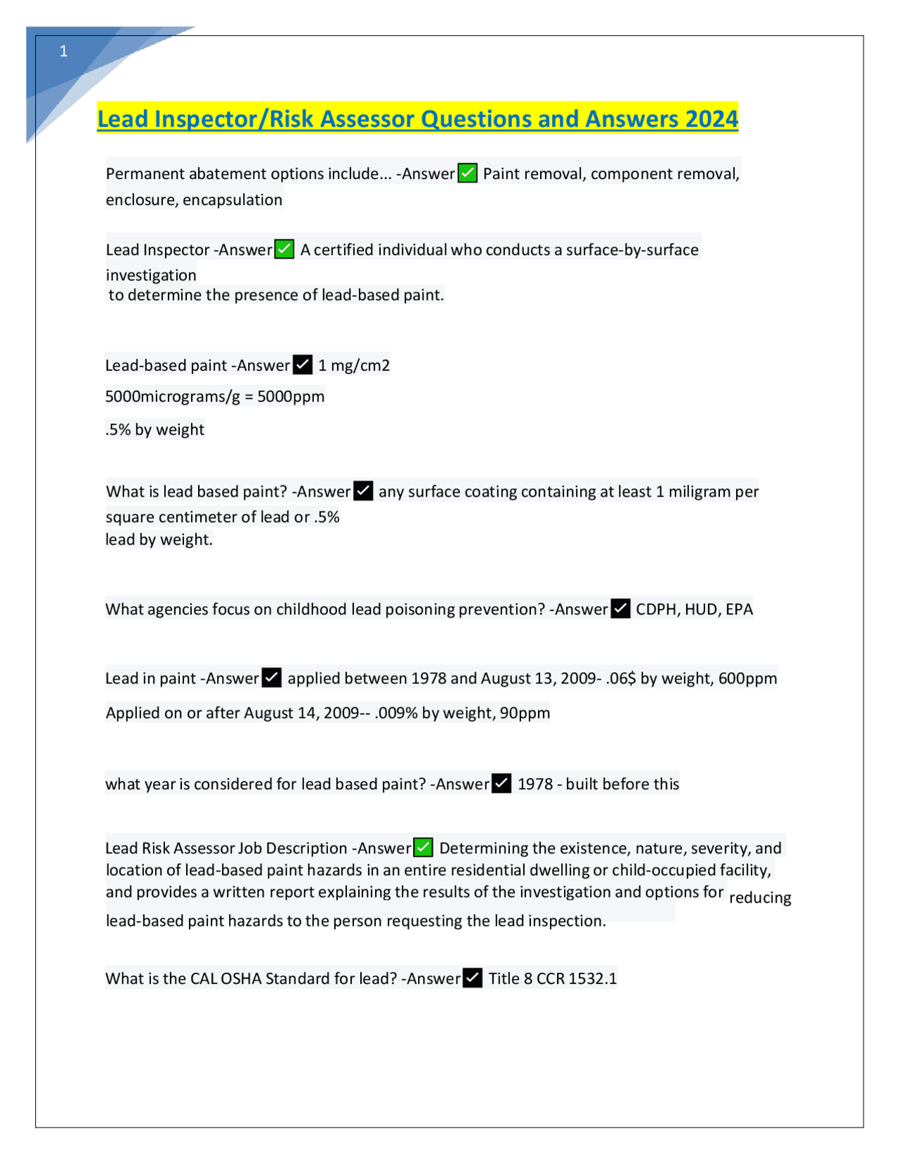 Lead Inspector/Risk Assessor Questions and Answers 2024 | Exams ...