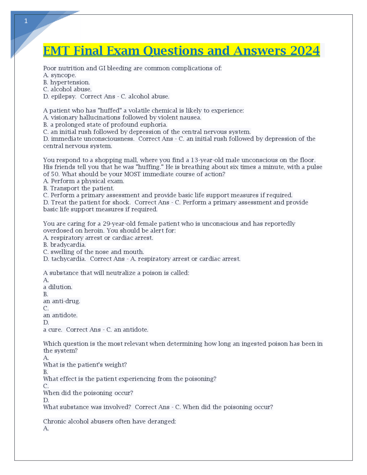 EMT Final Exam Questions and Answers 2024 | Exams Nursing | Docsity