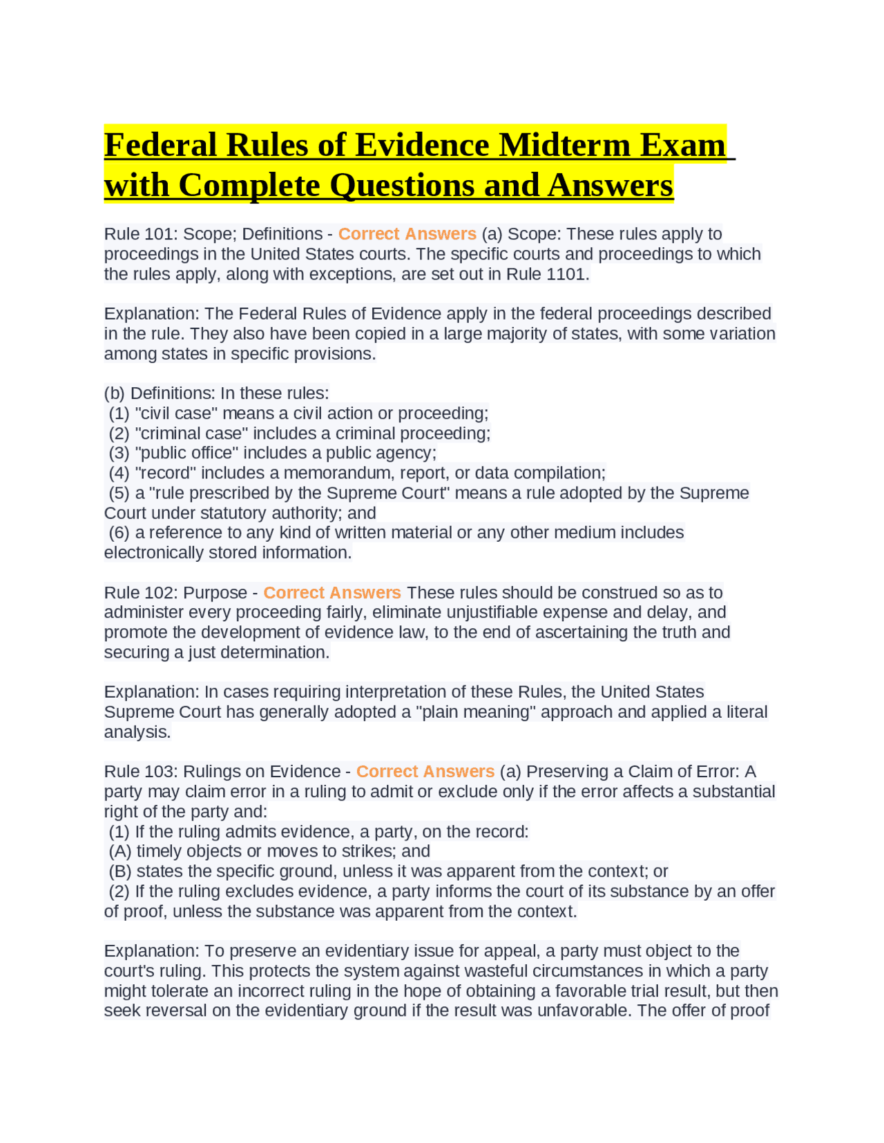Federal Rules of Evidence Midterm Exam with Complete Questions and ...
