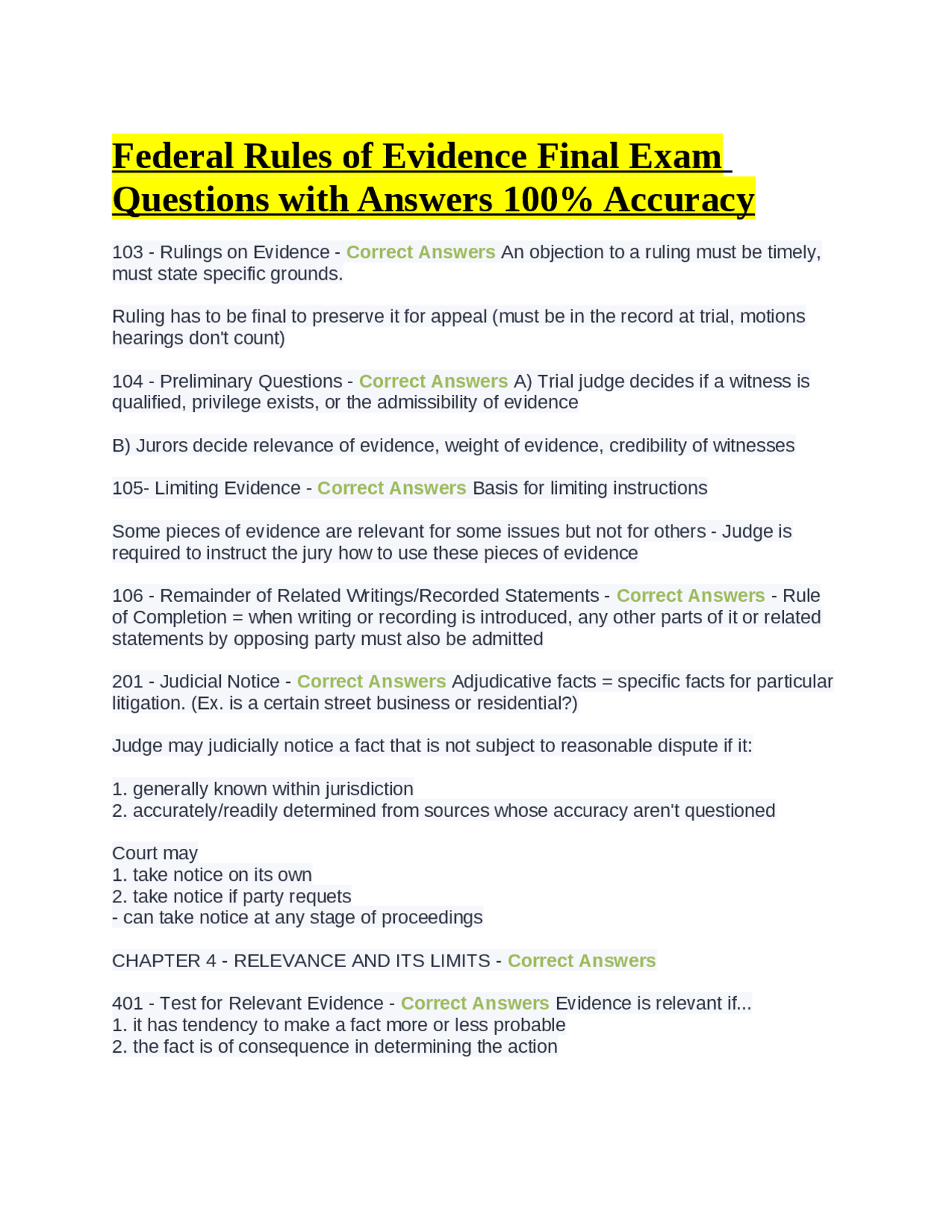 Federal Rules of Evidence Final Exam Questions with Answers 100% ...