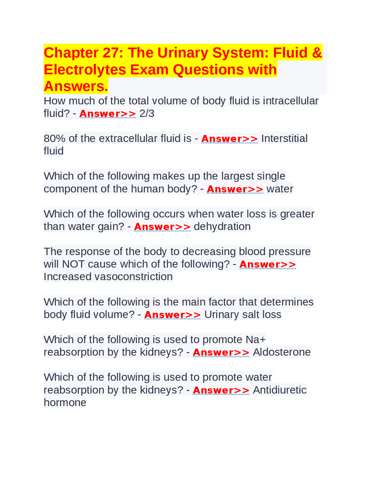 Chapter 27: The Urinary System: Fluid & Electrolytes Exam Questions ...