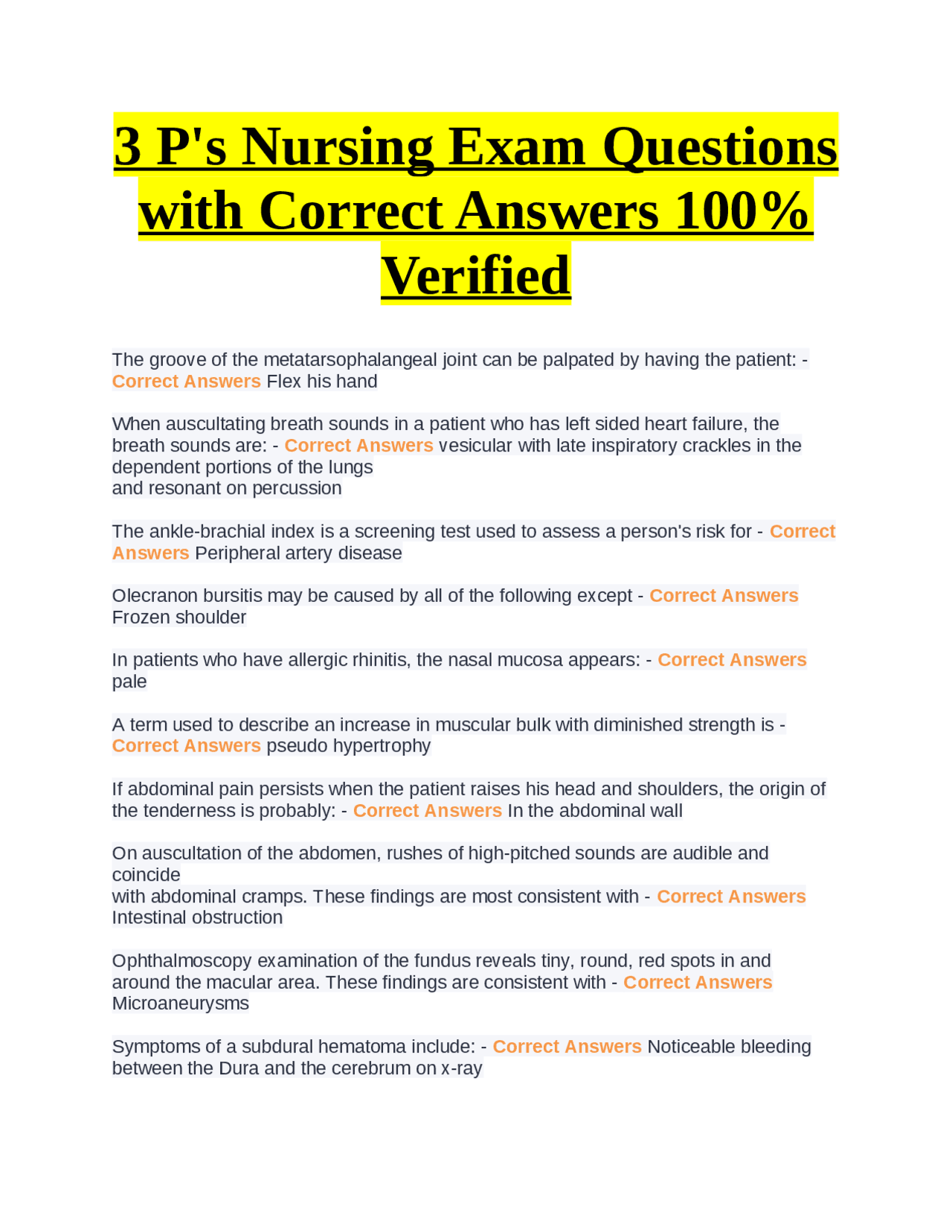 3 Ps Nursing Exam Questions With Correct Answers 100 Verified Exams Nursing Docsity