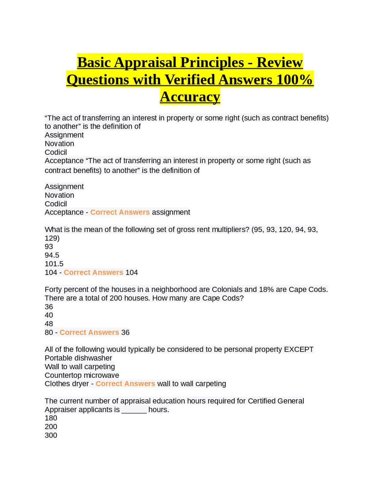 Basic Appraisal Principles - Review Questions with Verified Answers 100 ...