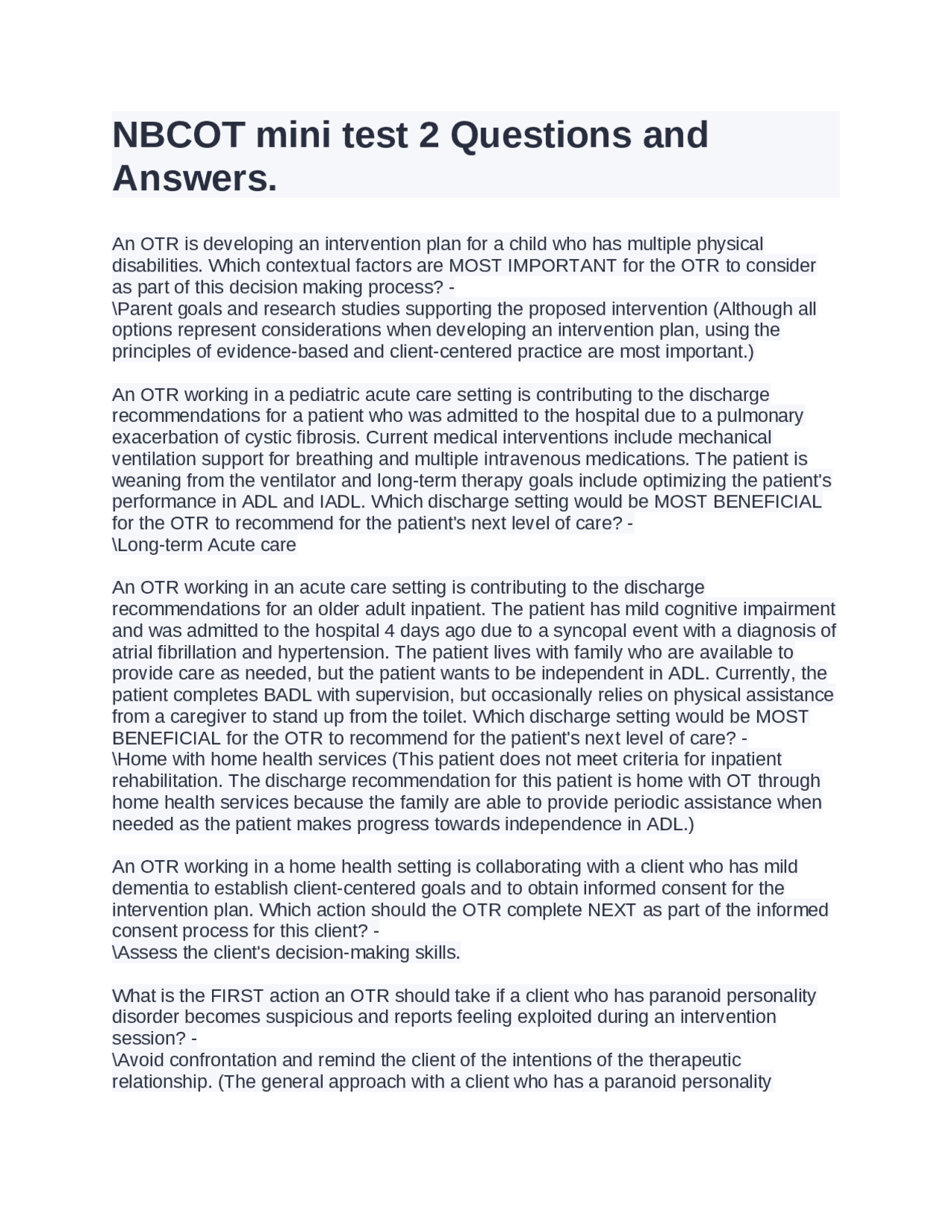 NBCOT mini test 2 Questions and Answers. | Exams Medicine | Docsity