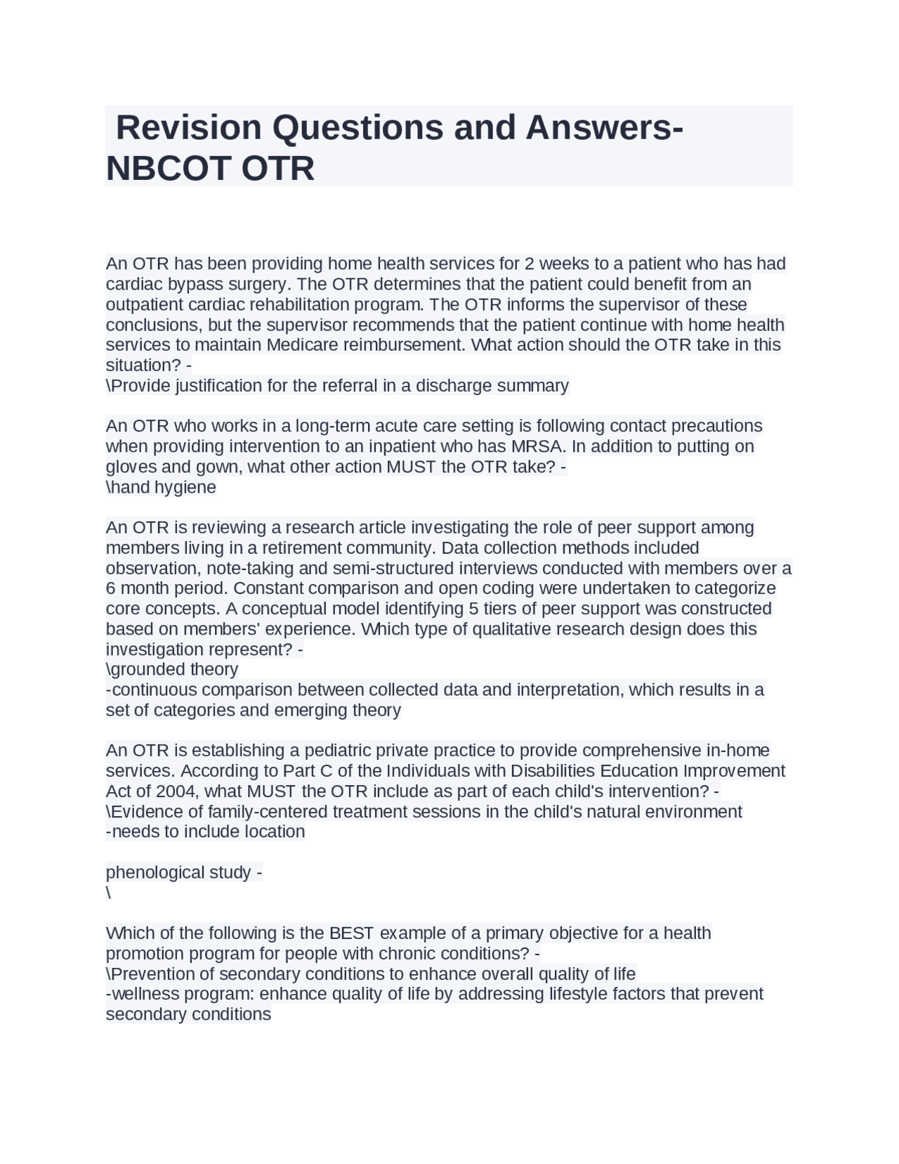 Revision Questions and Answers-NBCOT OTR | Exams Medicine | Docsity