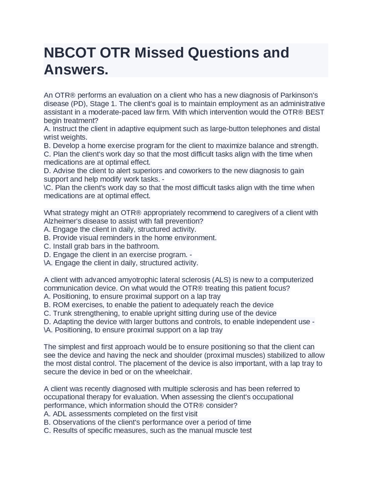 NBCOT OTR Missed Questions and Answers. | Exams Medicine | Docsity