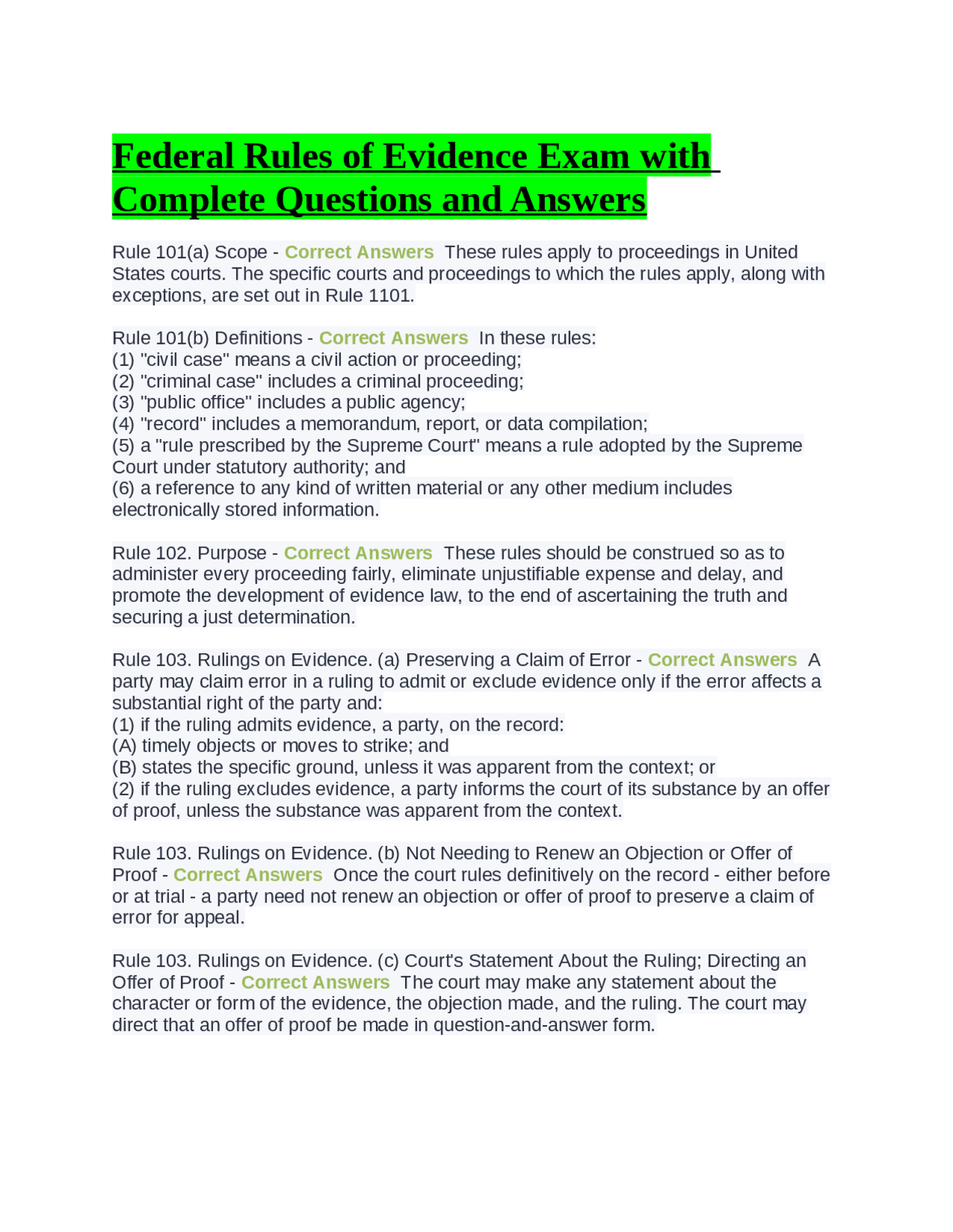 Federal Rules of Evidence: Comprehensive Guide with Questions and ...