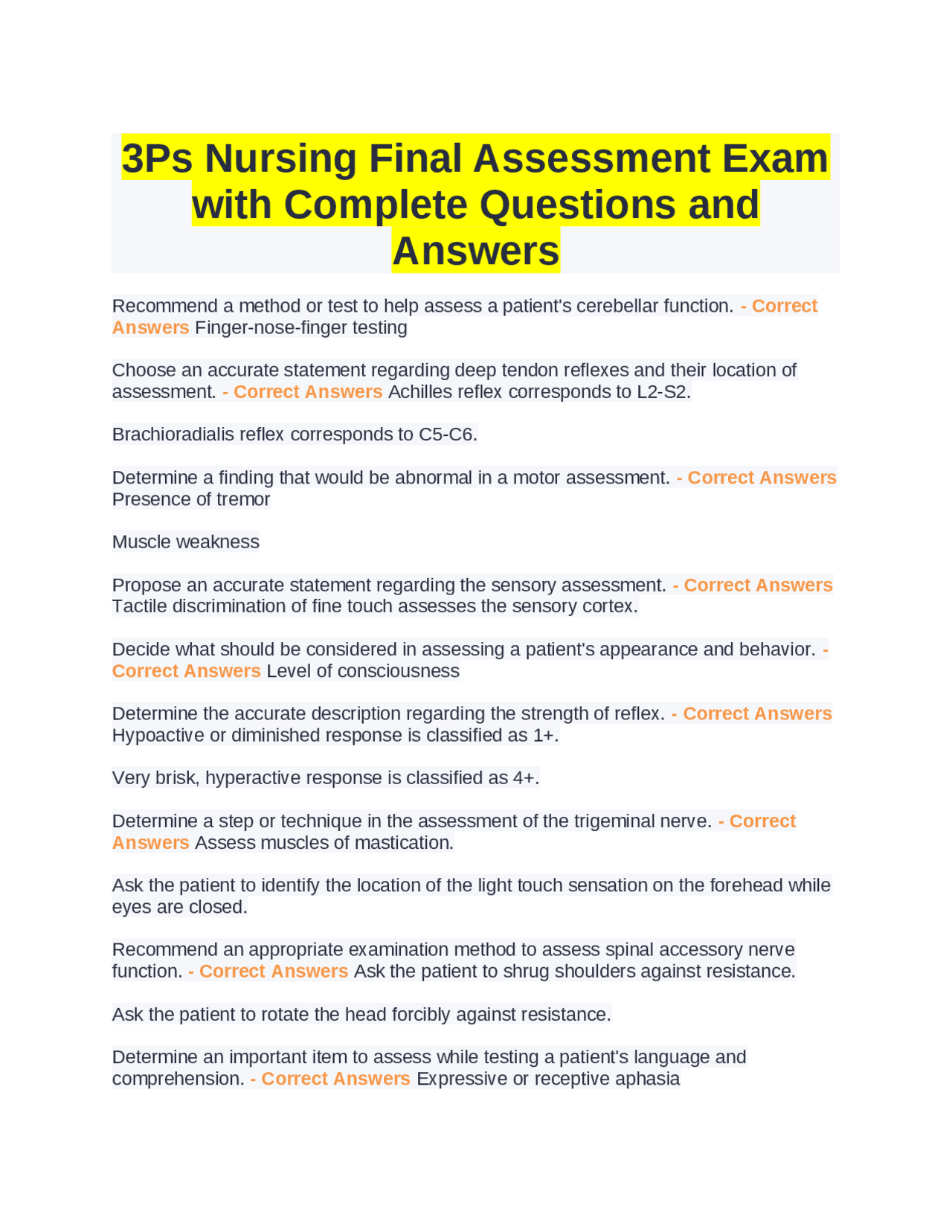 3Ps Nursing Final Assessment Exam with Complete Questions and Answers ...