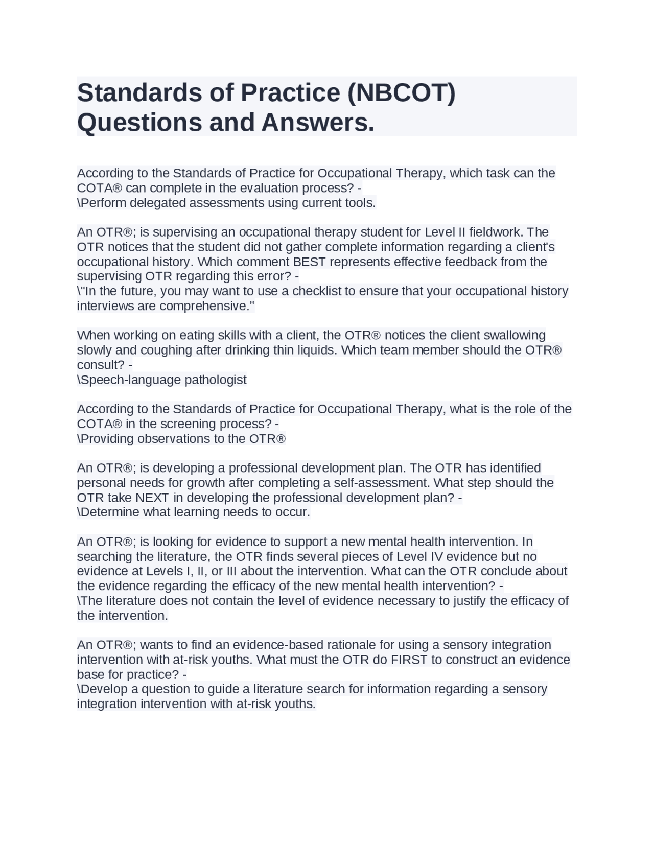 Standards of Practice (NBCOT) Questions and Answers. | Exams Medicine ...