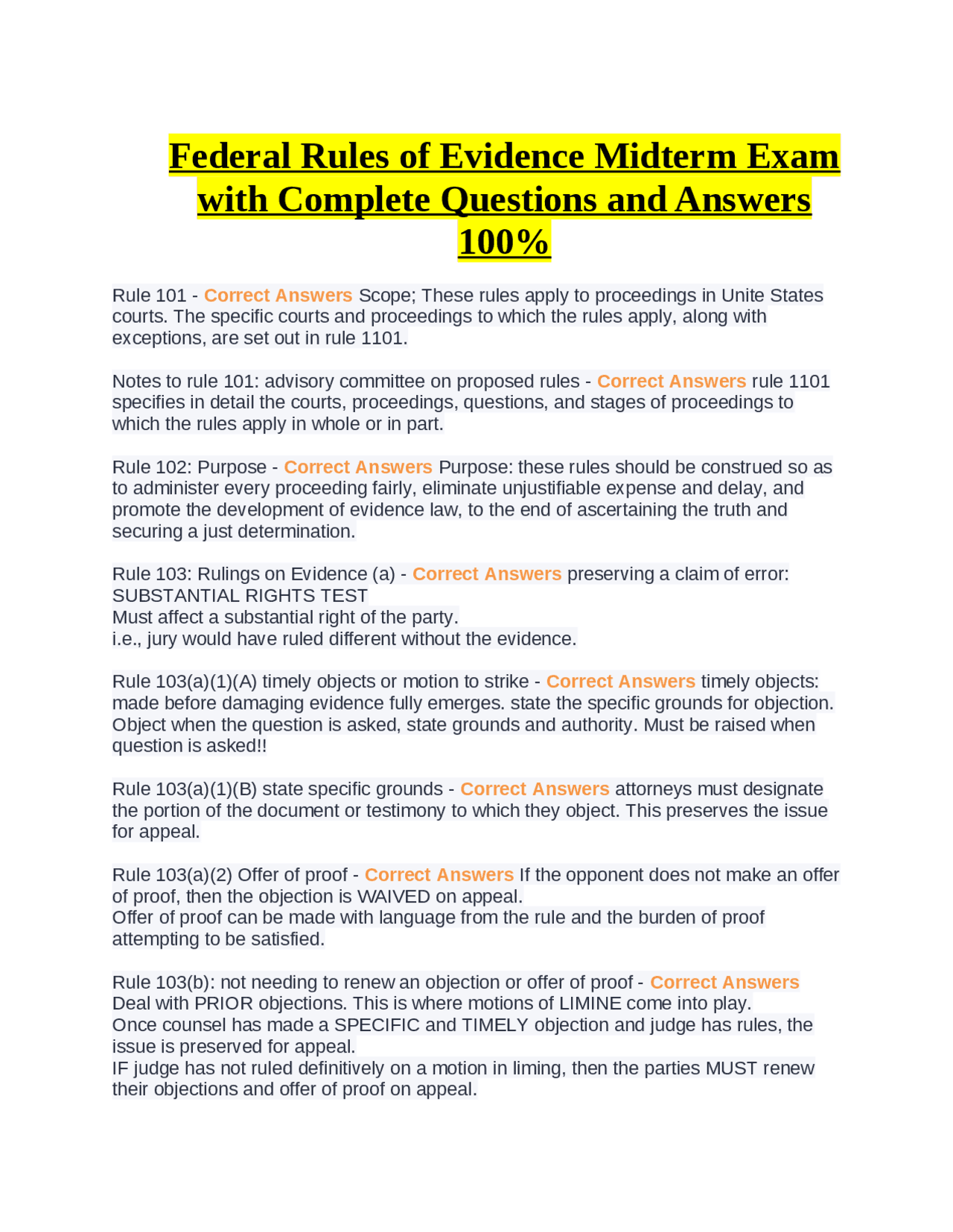 Federal Rules of Evidence Midterm Exam with Complete Questions and ...