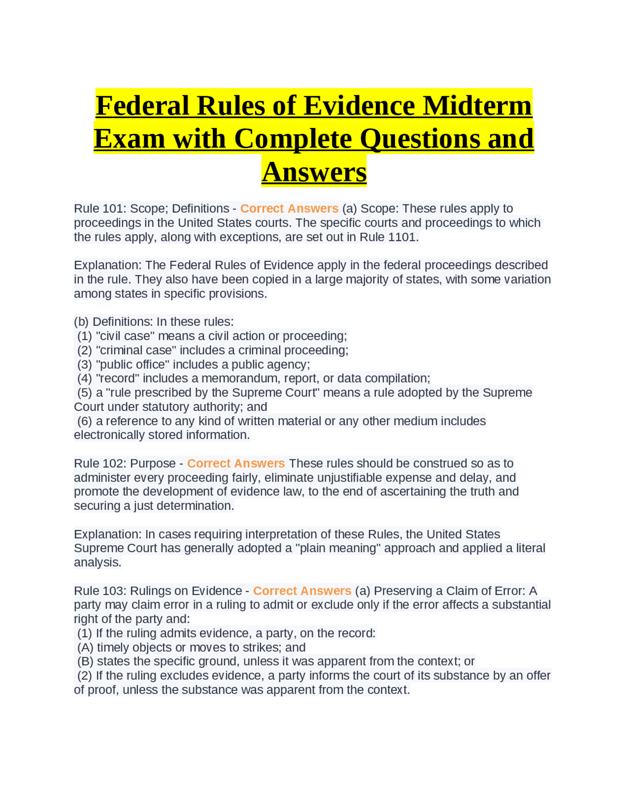 Federal Rules of Evidence Midterm Exam with Complete Questions and ...