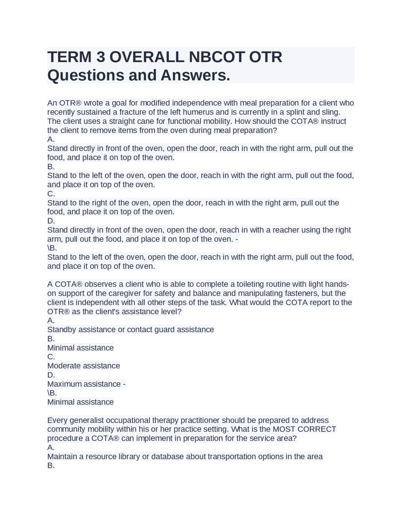 TERM 3 OVERALL NBCOT OTR Questions and Answers. | Exams Medicine | Docsity