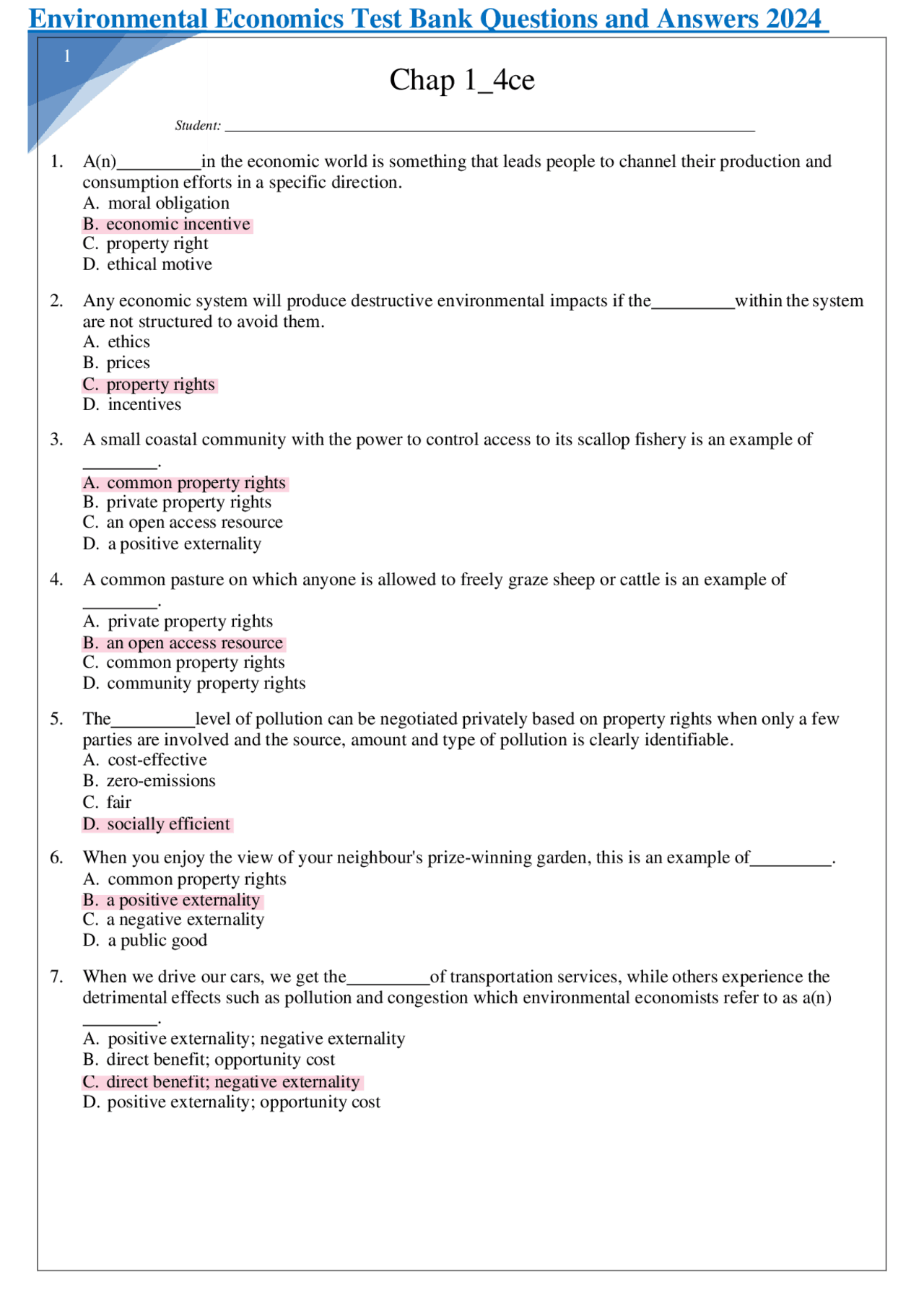 Environmental Economics Test Bank Questions And Answers 2024 Exams Economics Docsity