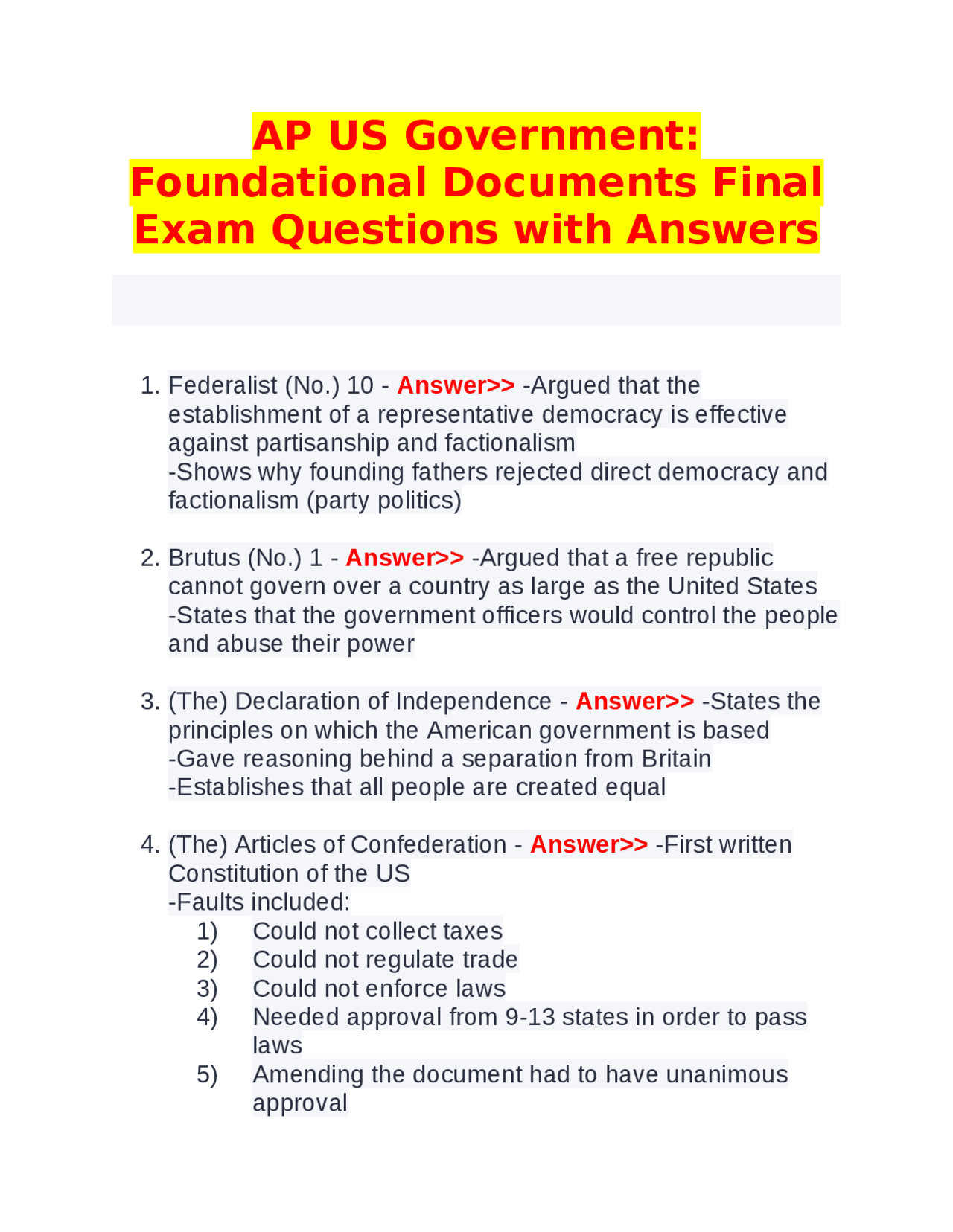 AP US Government: Foundational Documents Final Exam Questions and ...