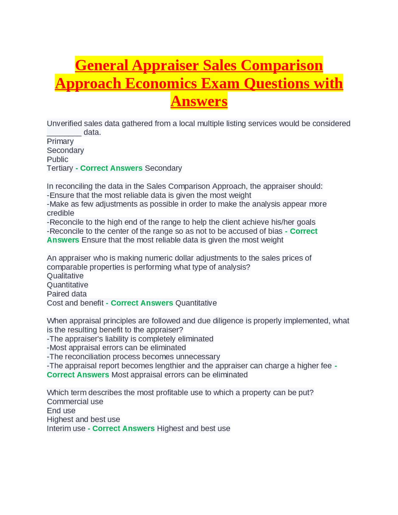 General Appraiser Sales Comparison Approach Economics Exam Questions ...