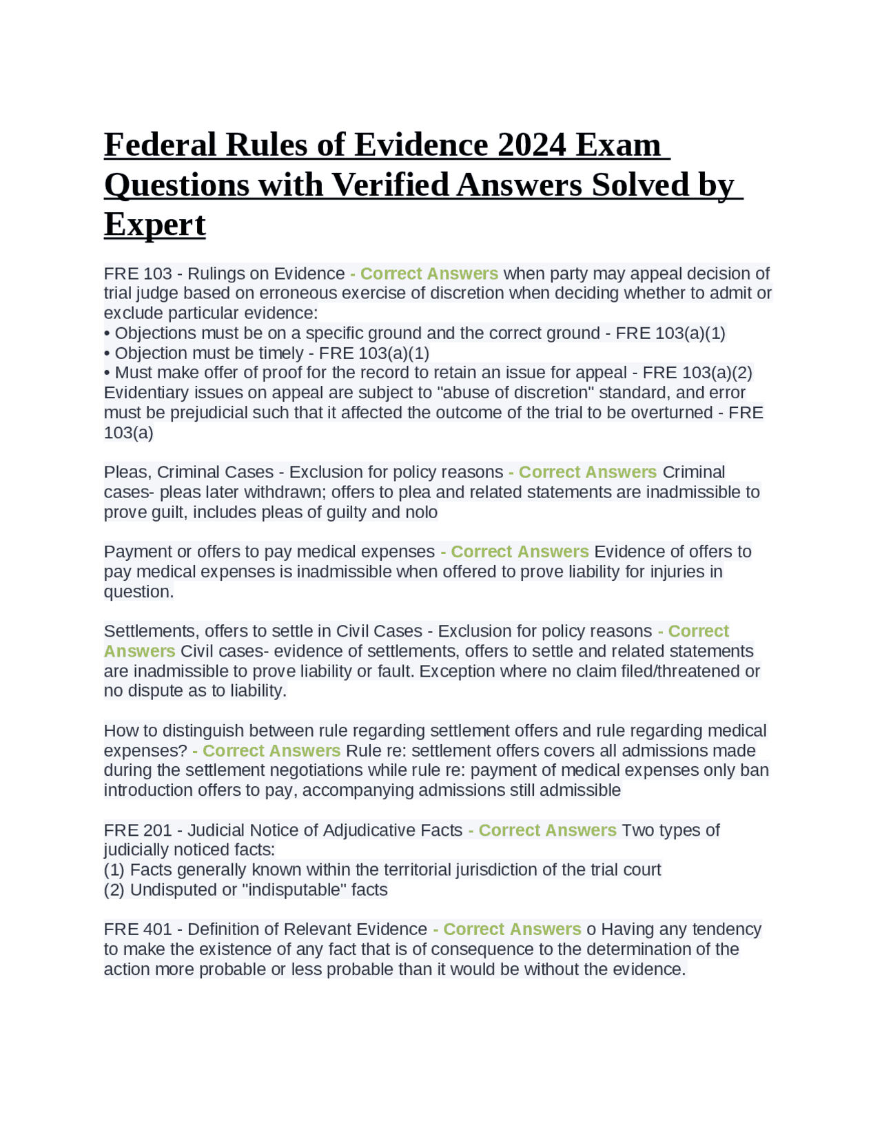 Federal Rules of Evidence 2024 Exam Questions with Verified Answers ...