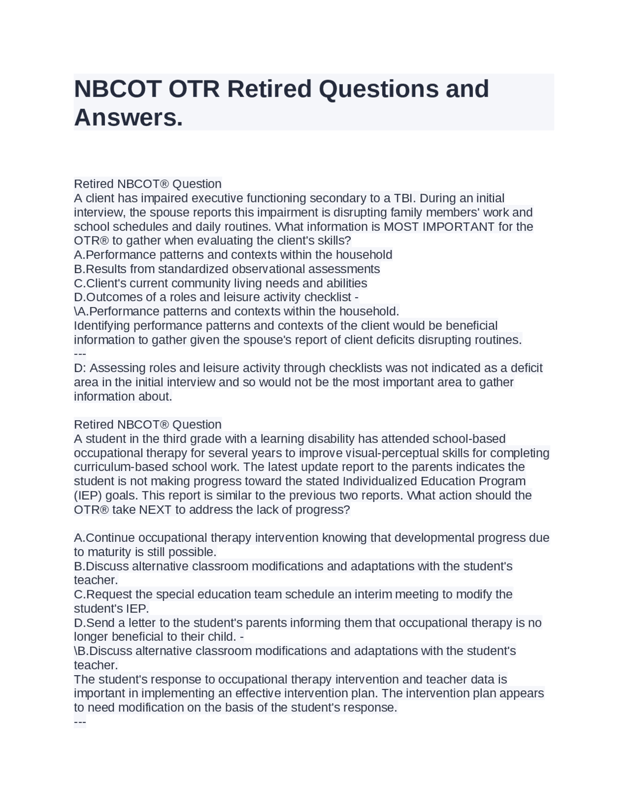 NBCOT OTR Retired Questions and Answers. | Exams Medicine | Docsity