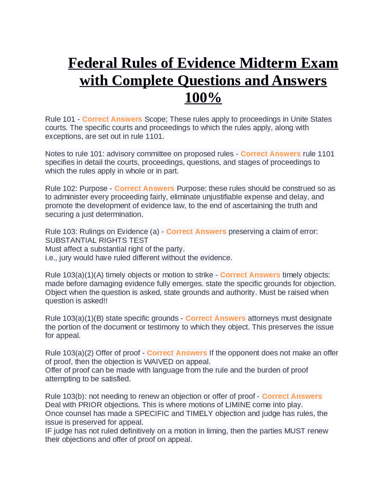 Federal Rules of Evidence Midterm Exam with Complete Questions and ...
