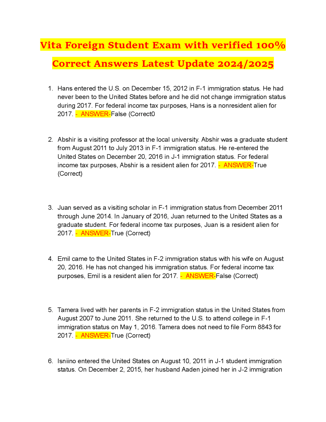 Vita Foreign Student Exam with verified 100% Correct Answers Latest ...