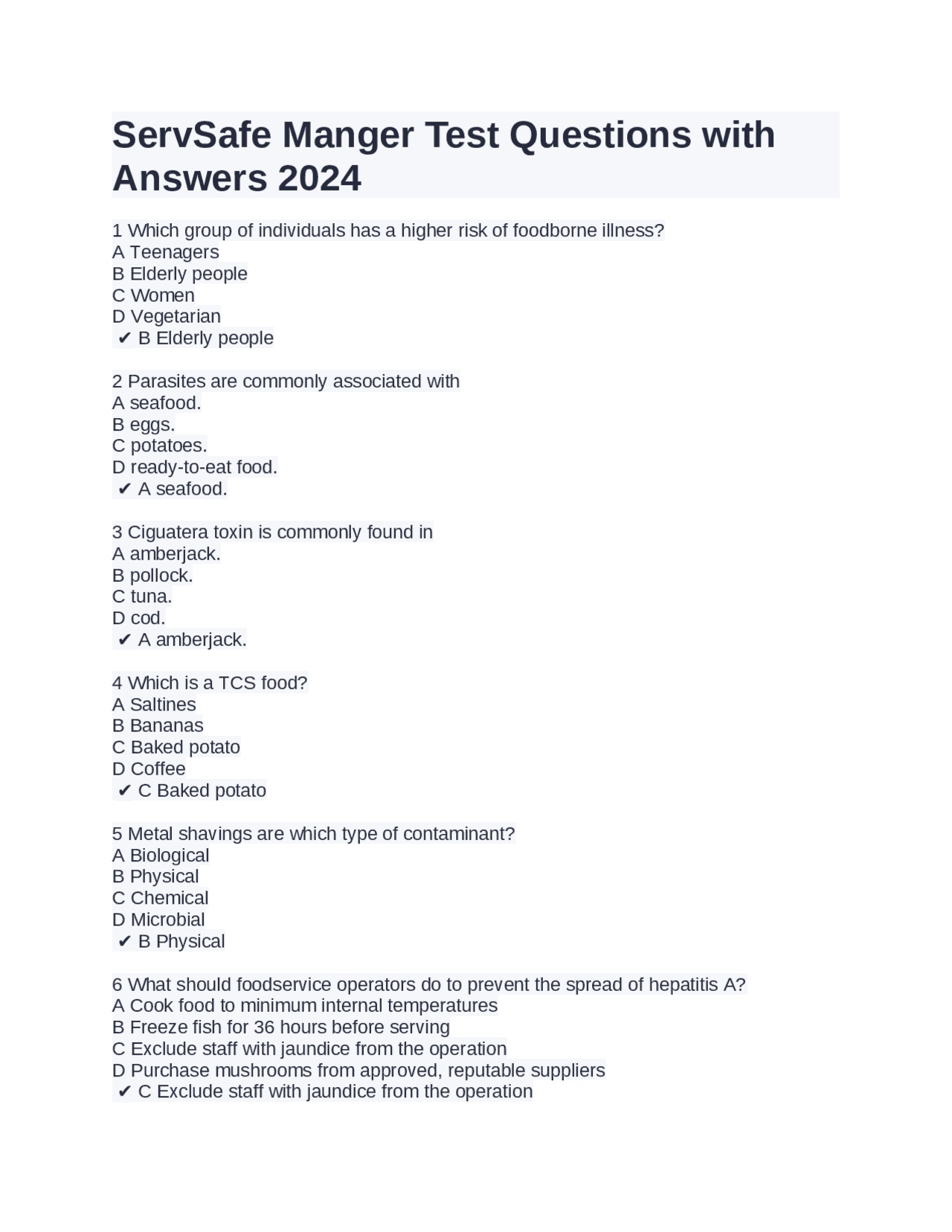 ServSafe Manger Test Questions with Answers 2024 | Exams Medicine | Docsity